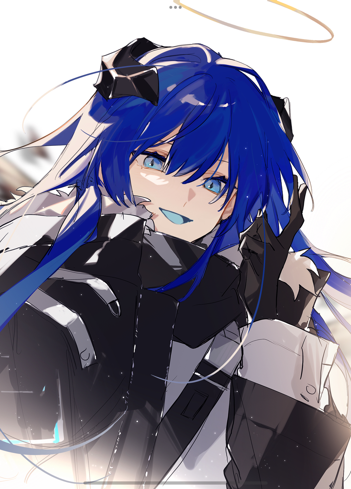 Safebooru - 1girl arknights black gloves black jacket blue eyes blue hair blurry blurry ...