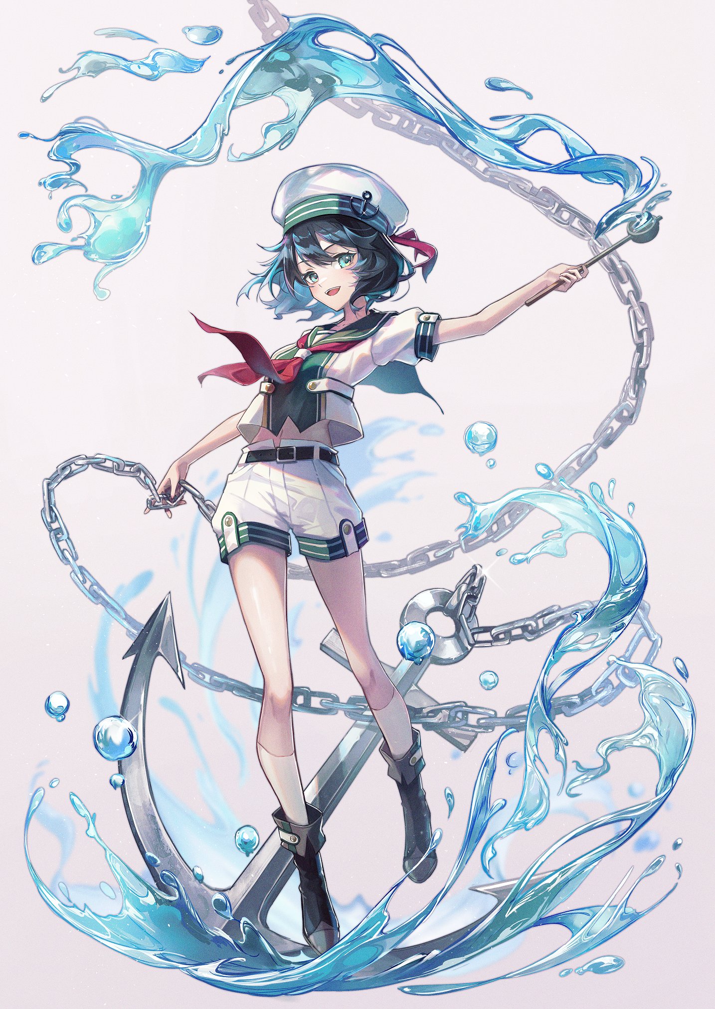 Safebooru - 1girl anchor anchor symbol arm up black footwear black hair blush boots breasts ...