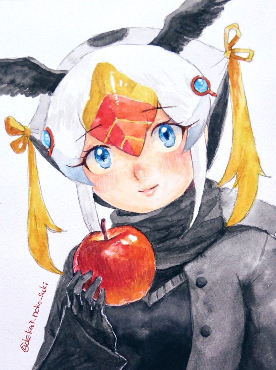 Safebooru - 1girl apple bird wings black gloves black hair black jacket blonde hair blue eyes ...