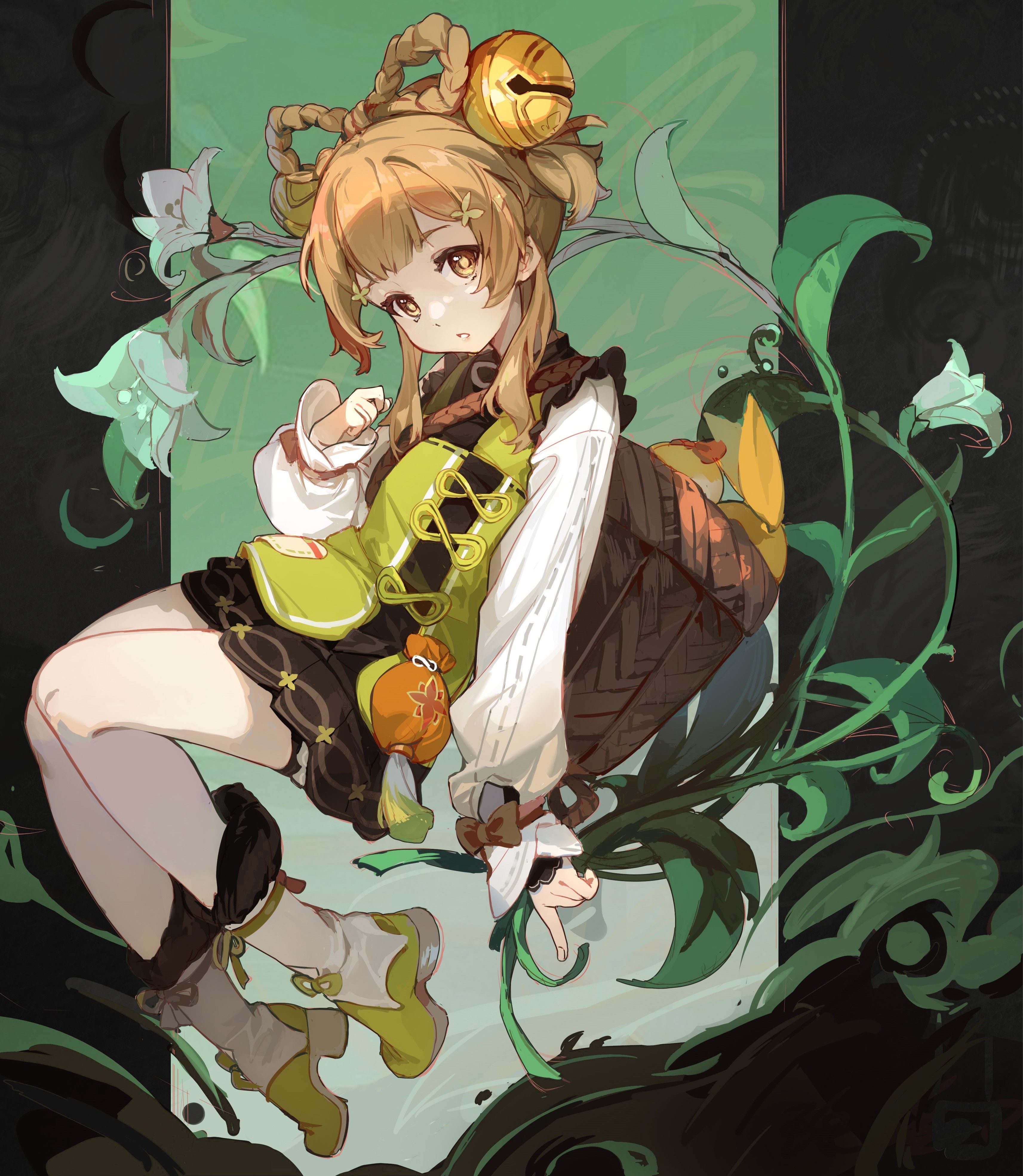 Safebooru - 1girl absurdres basket bell blunt bangs bow-shaped hair brown eyes brown hair ...