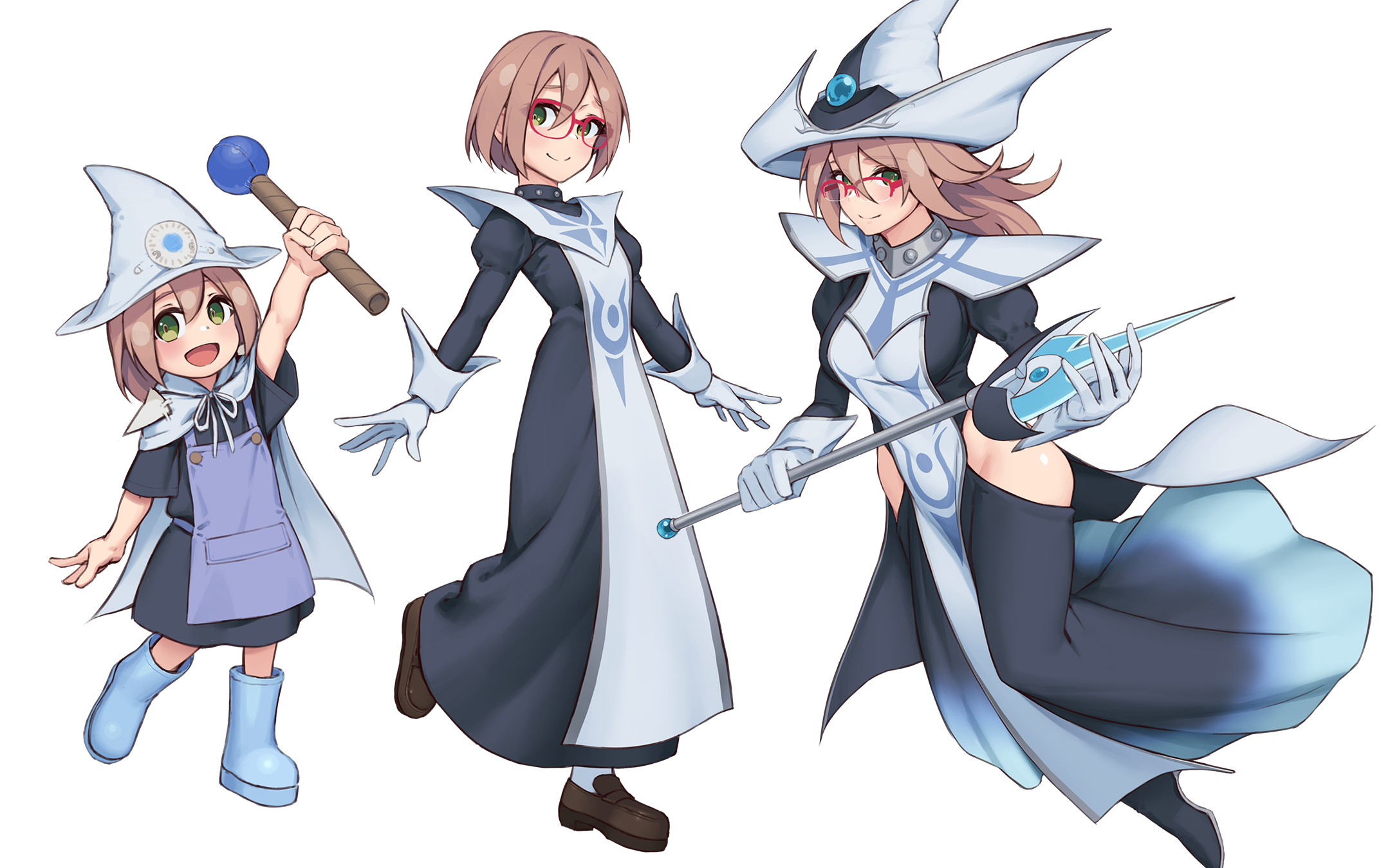 Safebooru - 1girl :d age progression apron boots brown hair cape child cosplay gloves hat ...