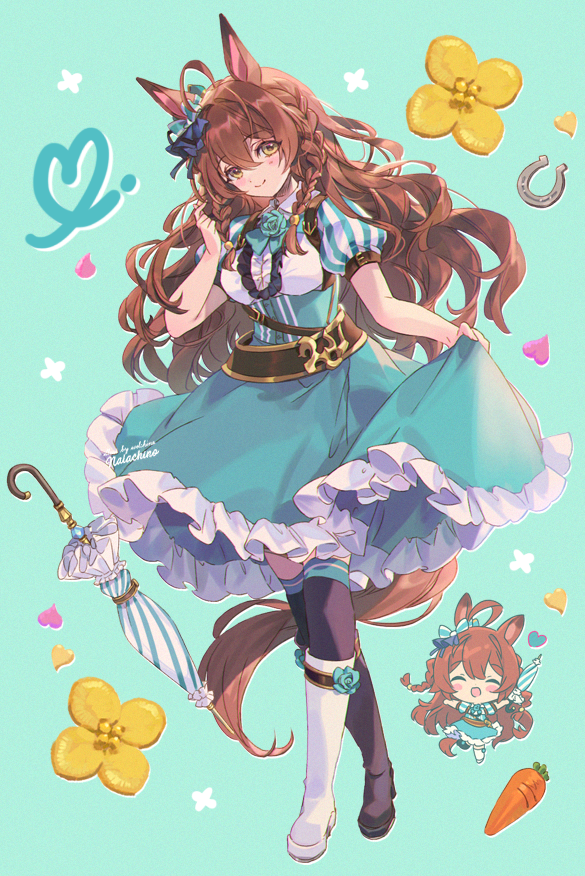 Safebooru - 1girl ahoge animal ears belt blue background boots braid breasts brown eyes brown ...