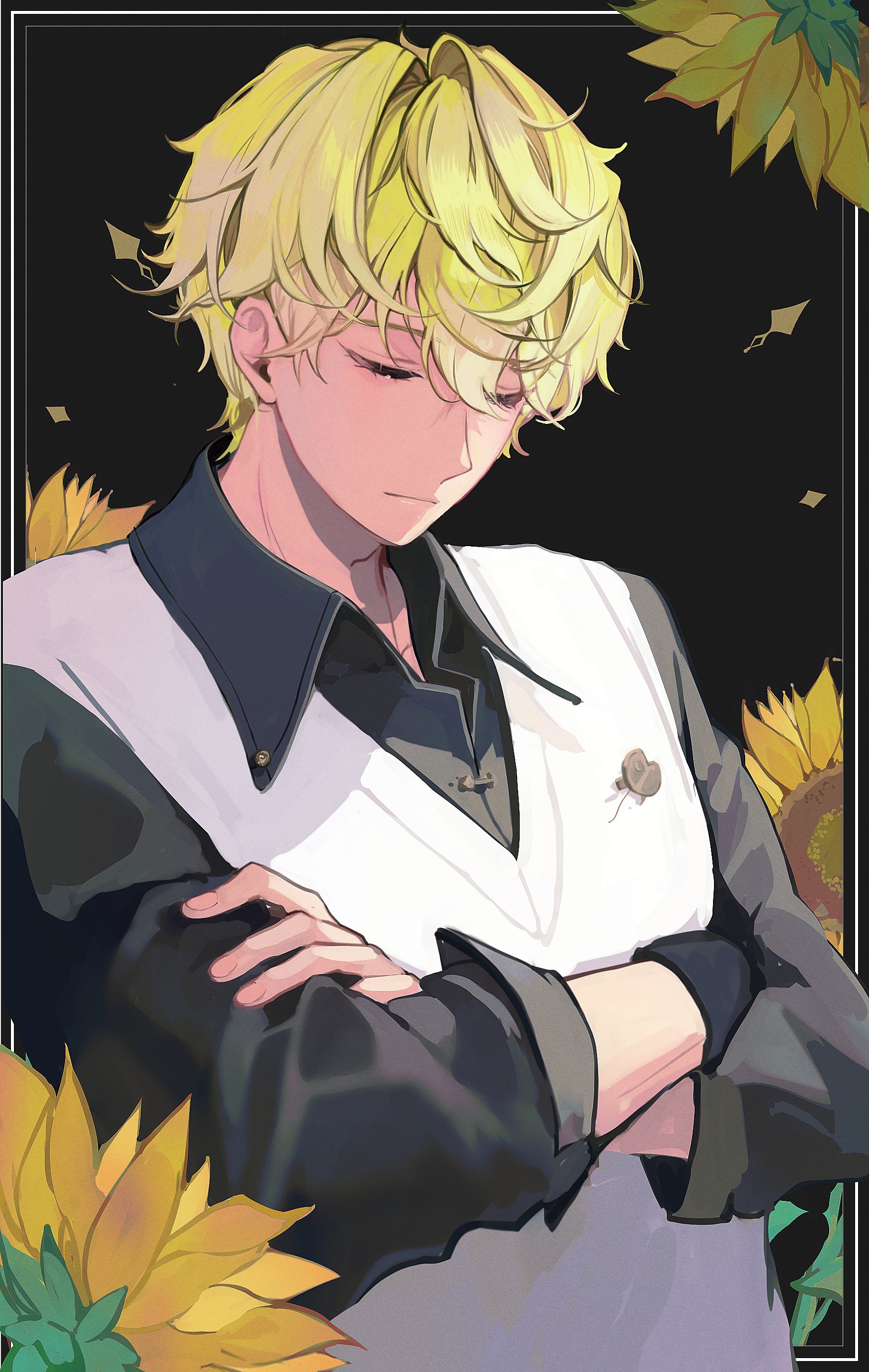Safebooru - 1boy absurdres black background black gloves black shirt blonde hair closed eyes ...
