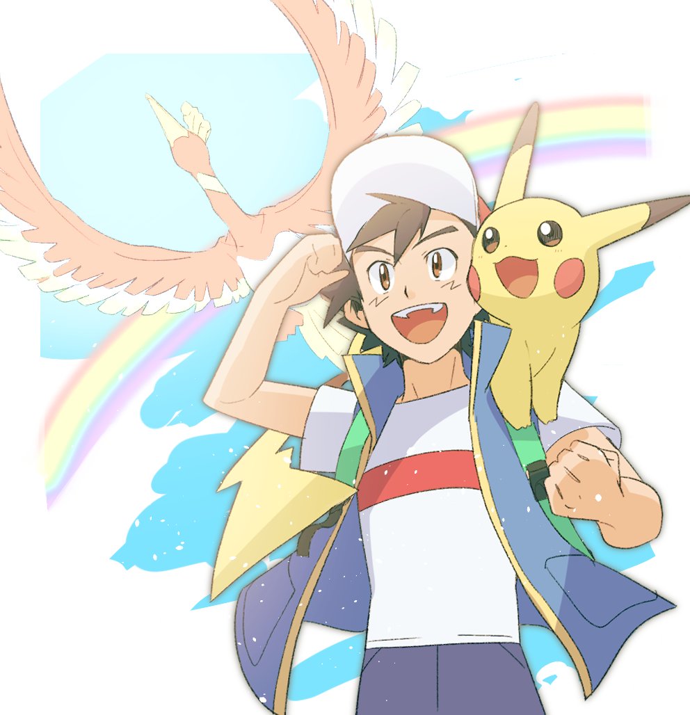 Safebooru - 1boy :d ash ketchum blue jacket brown eyes clenched hands ...