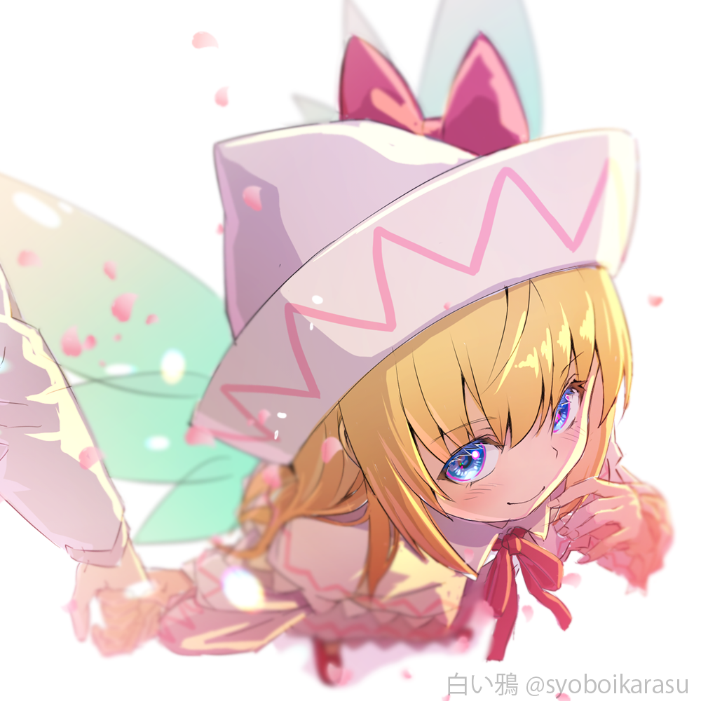 Safebooru - 1girl artist name blonde hair blue eyes blush capelet closed mouth dress fairy fairy ...