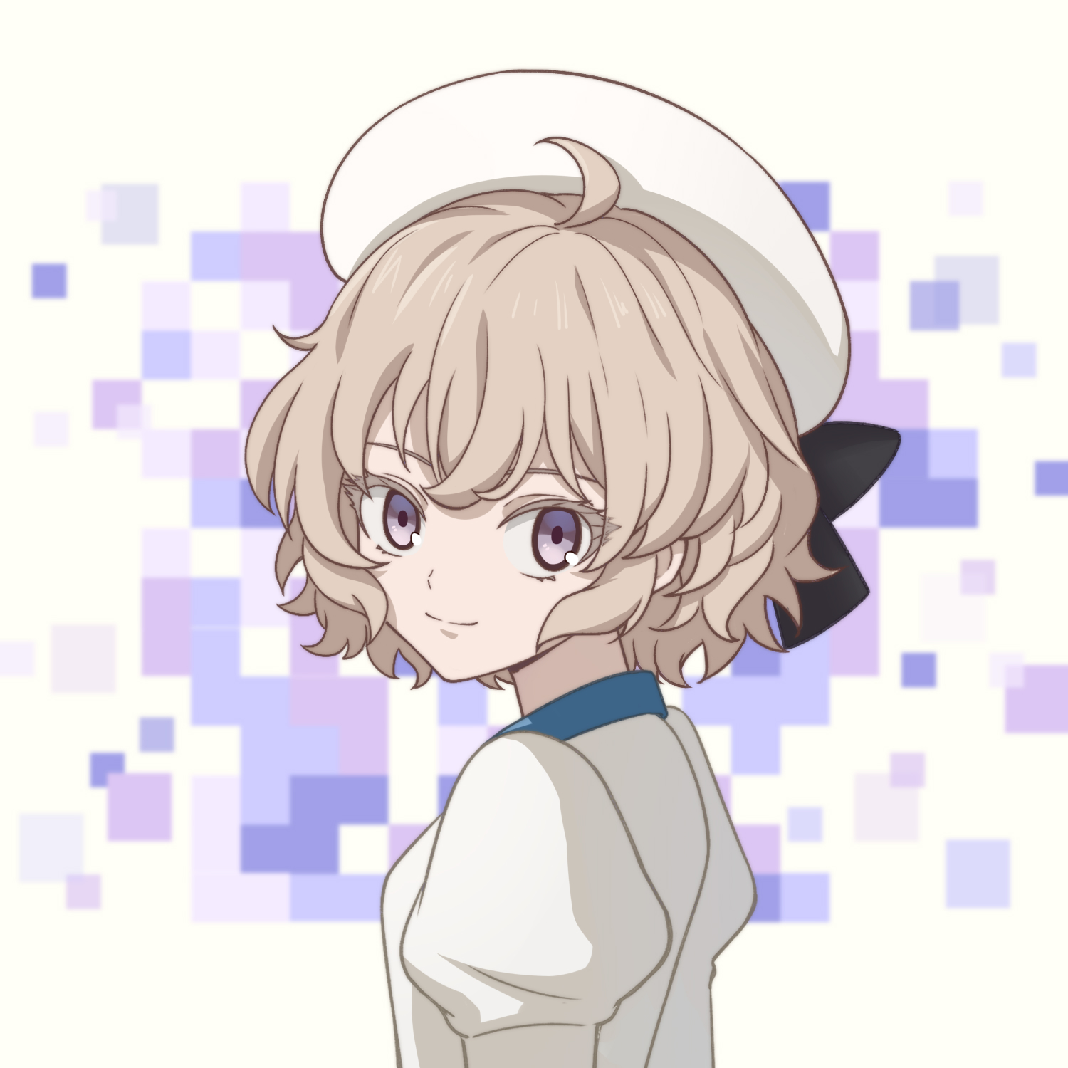 Safebooru - 1girl ahoge beret black bow bow brown background brown hair closed mouth copyright ...