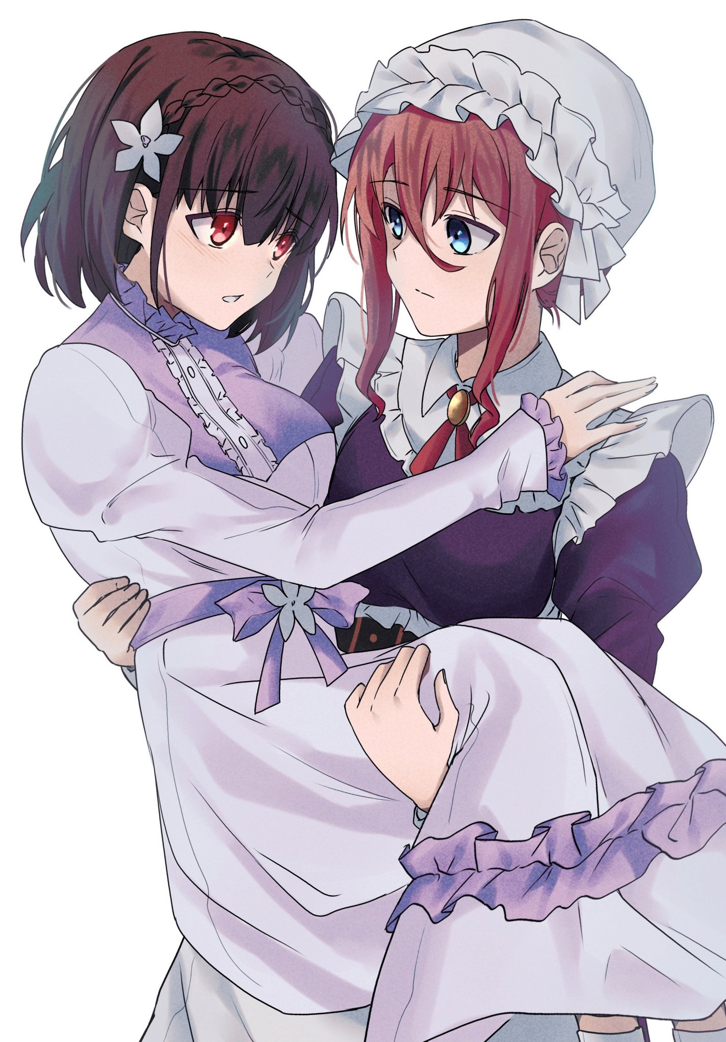 Safebooru - 2girls apron black hair blue eyes blush braid carrying commentary request crown ...