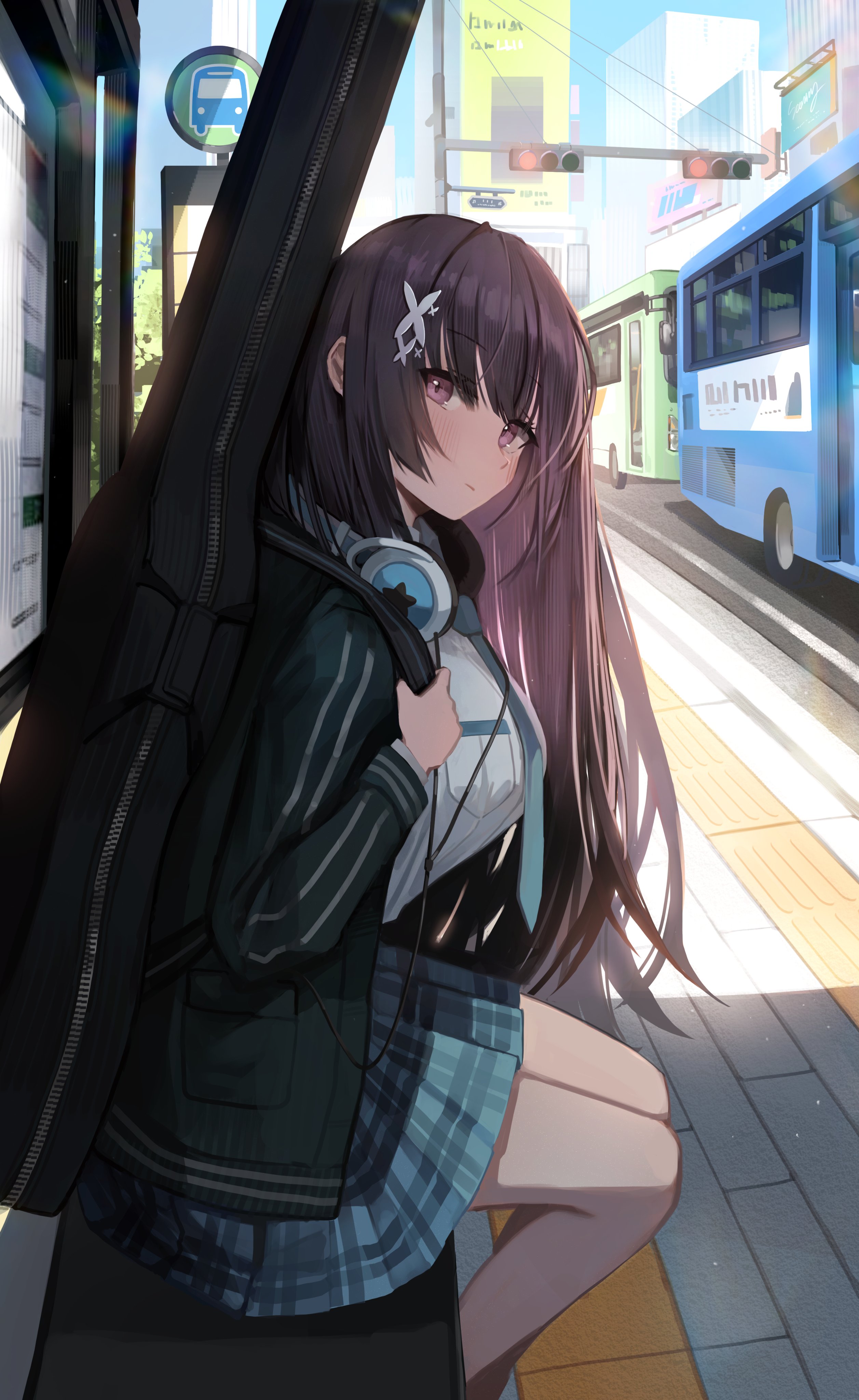 Safebooru - 1girl absurdres billboard black hair black jacket blunt ends blush breast pocket ...