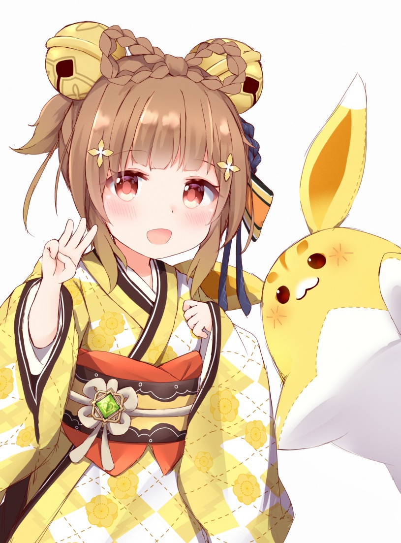 Safebooru - 1girl :d alternate costume bell blunt bangs bow-shaped hair braid brown eyes brown ...