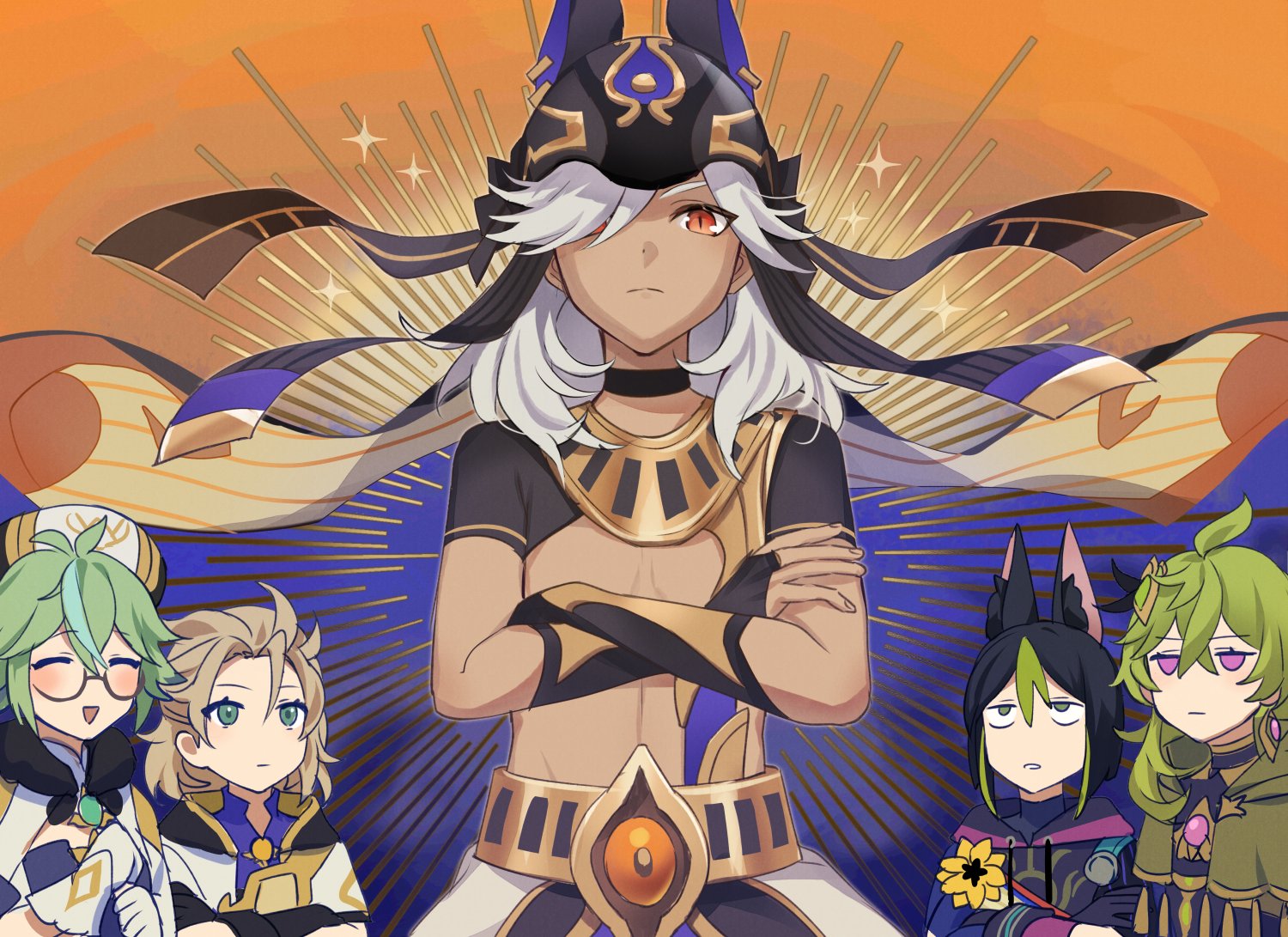 Safebooru - 2girls 3boys ahoge albedo (genshin impact) animal ear fluff animal ears antenna hair ...