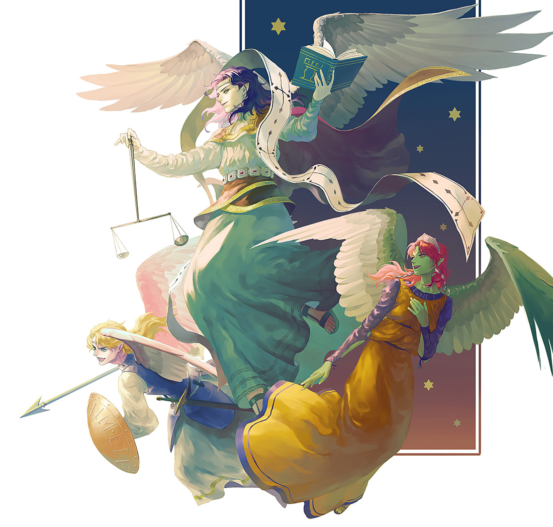 Safebooru - 1girl 2boys angel angel wings armor blue dress blue sclera ...