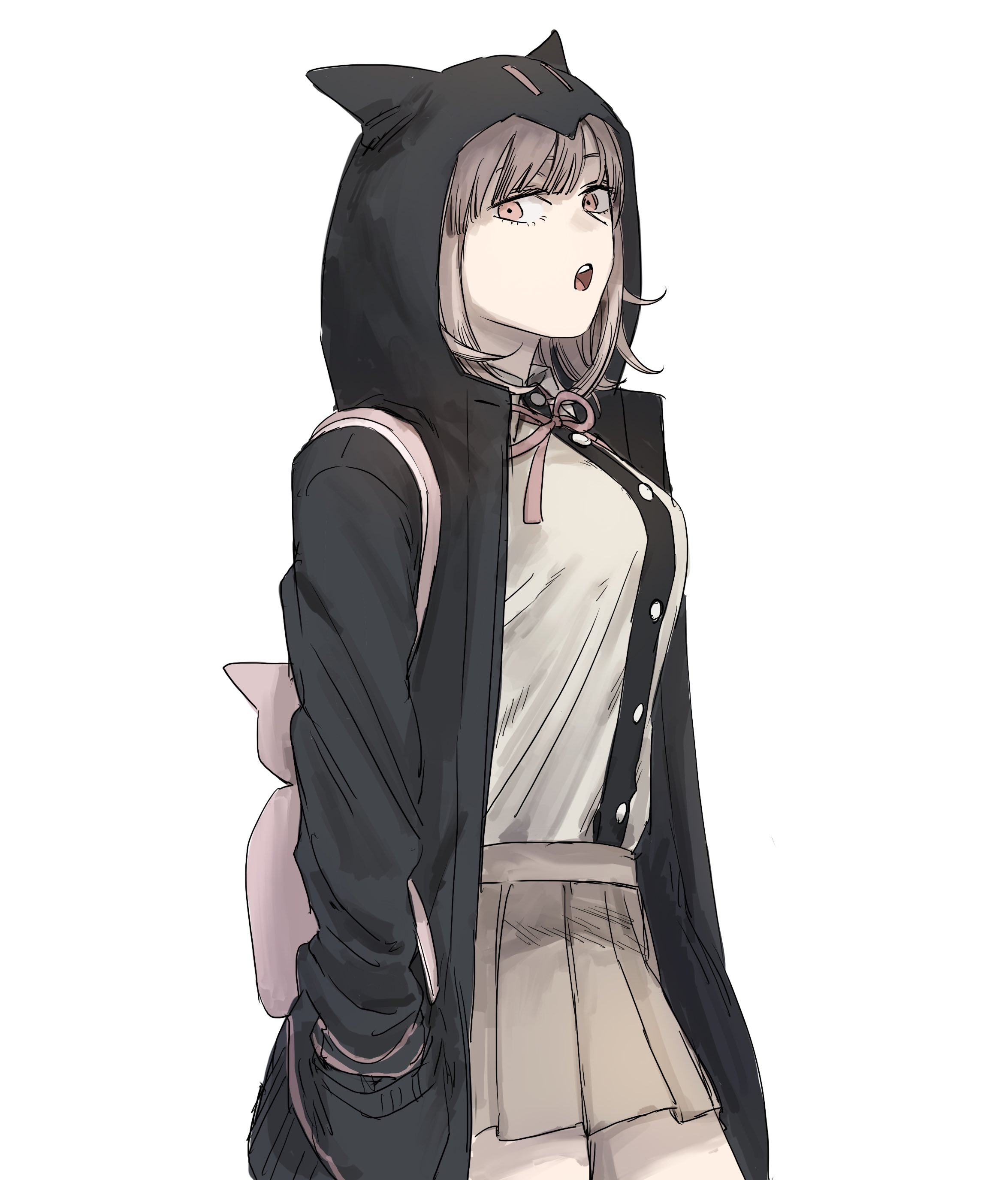 Safebooru - 1girl :o absurdres animal ears backpack bag black jacket black shirt breasts brown ...