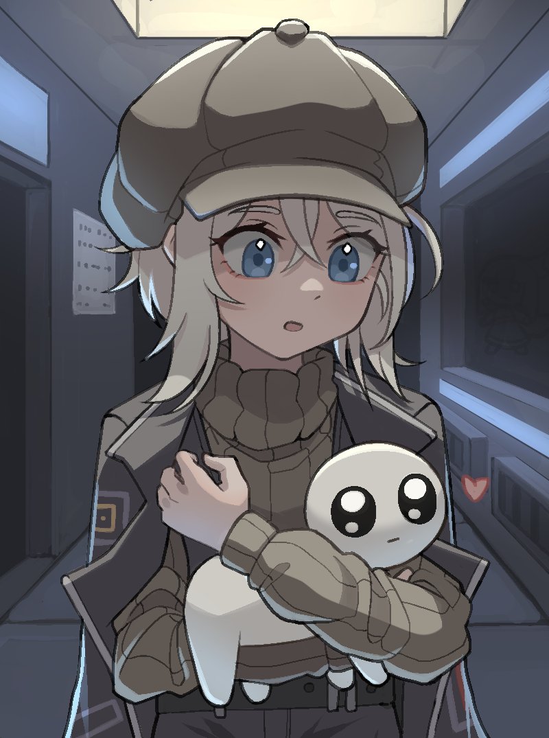 Safebooru - 1girl belt black belt blue eyes brown headwear brown sweater calponpon coat coat on ...