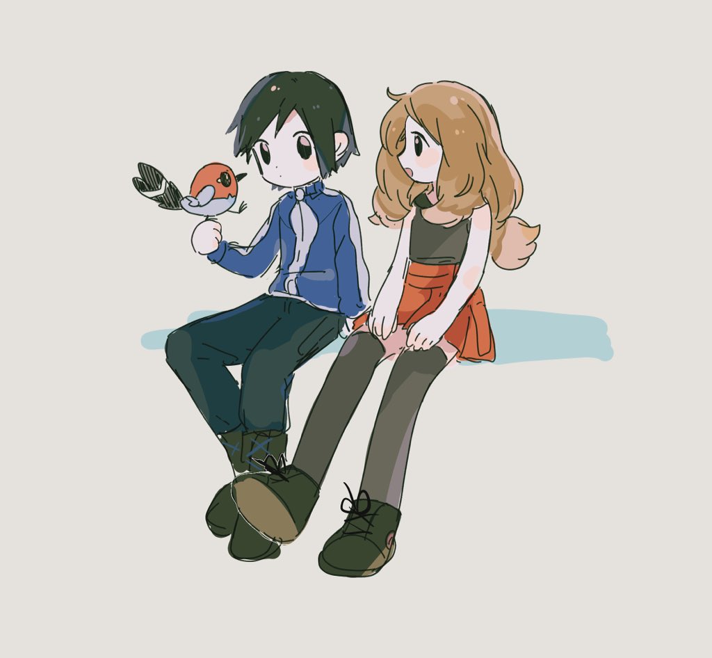 Safebooru - 1boy 1girl ahoge black eyes black hair blue jacket blush boots calem (pokemon ...