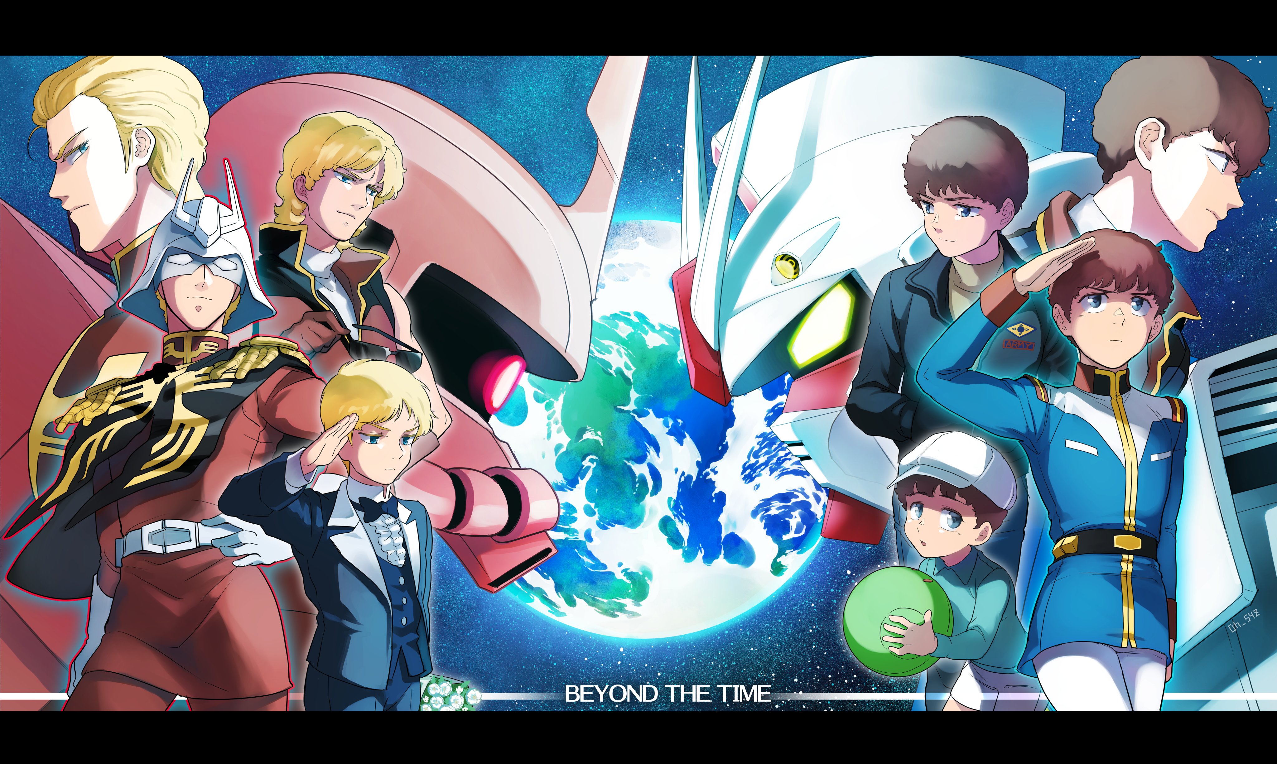 Safebooru - 2boys absurdres age progression amuro ray arm up belt black jacket blonde hair blue ...