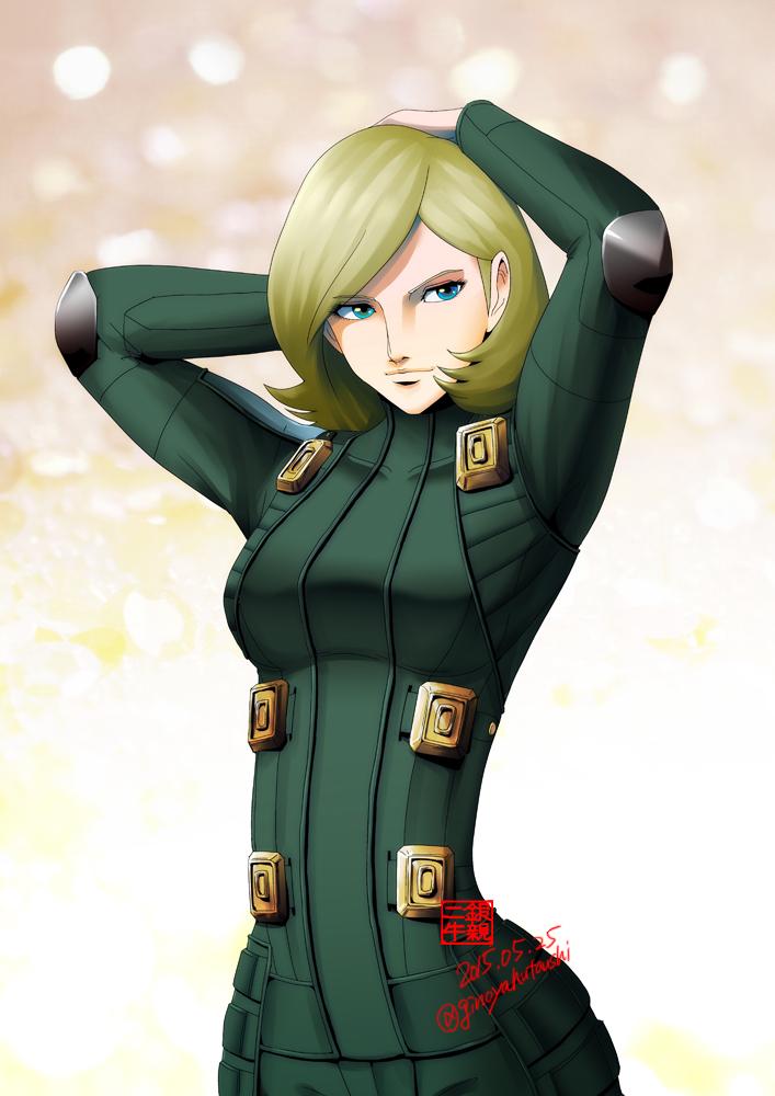 Safebooru - 1girl arms behind head blonde hair blue eyes bodysuit ...