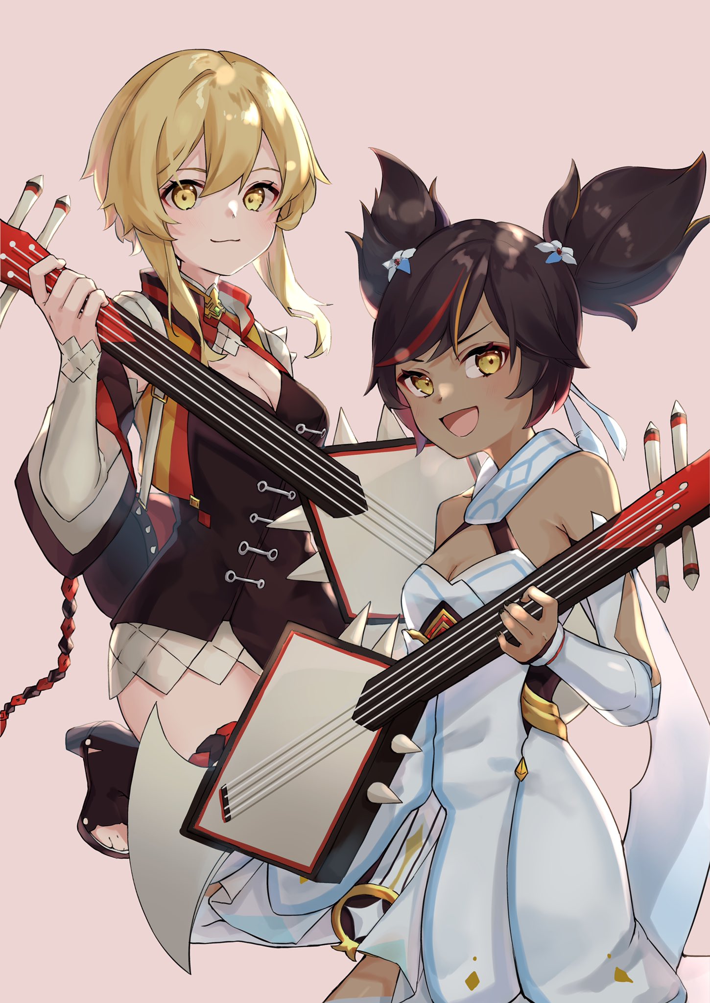 Safebooru - 2girls black hair blonde hair cosplay costume switch dark skin dress flower genshin ...