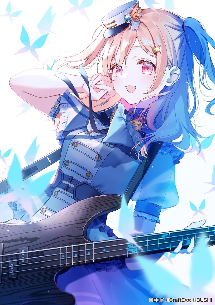 Safebooru - 1girl bang dream! bass guitar blonde hair blue butterfly bug butterfly dress hat ...