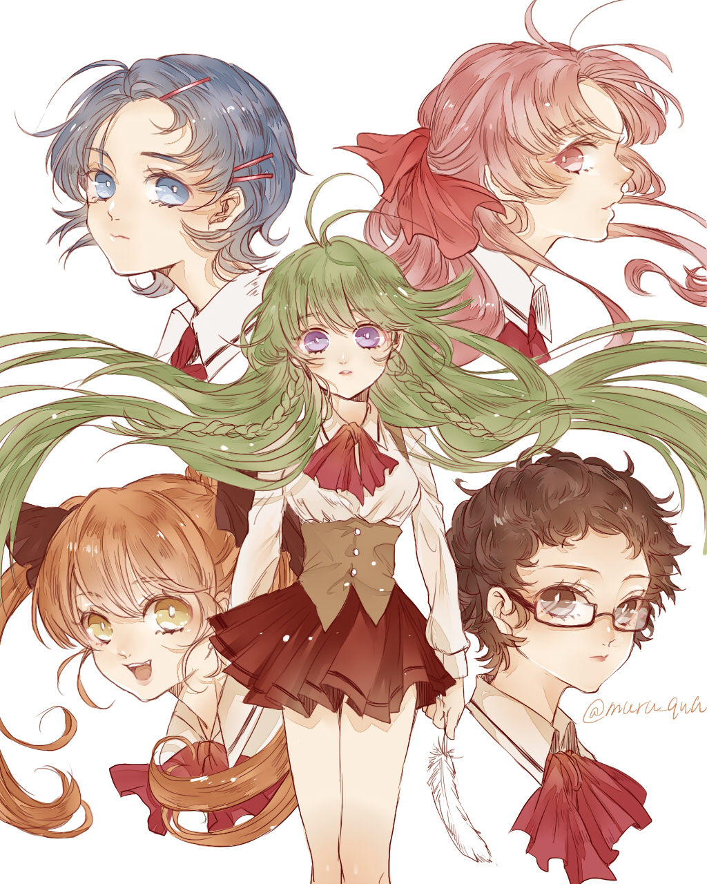 Safebooru - 5girls antenna hair blue eyes blue hair braid brown hair ...