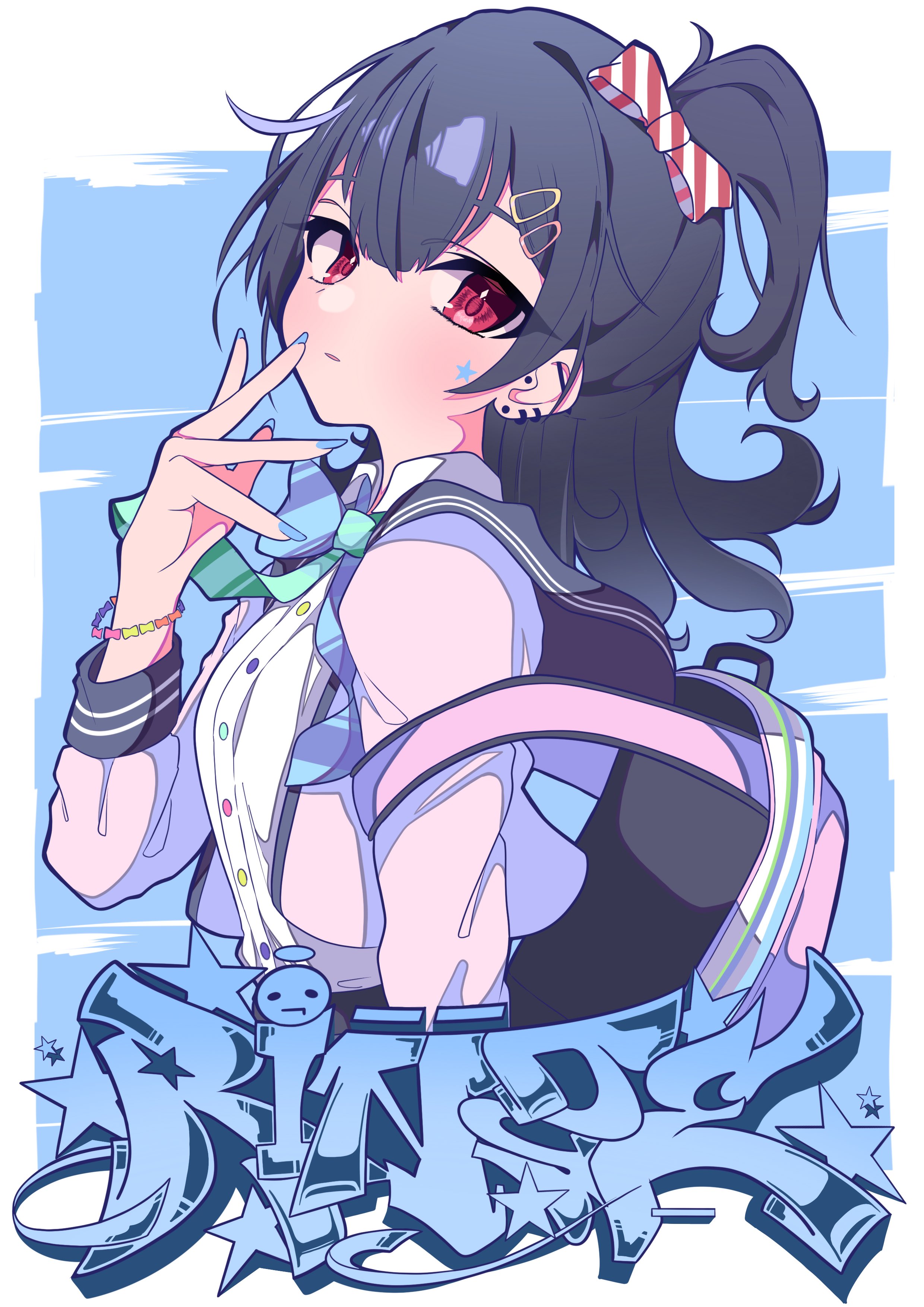 Safebooru - 1girl absurdres backpack bag black hair blue background blue nails blush bracelet ...