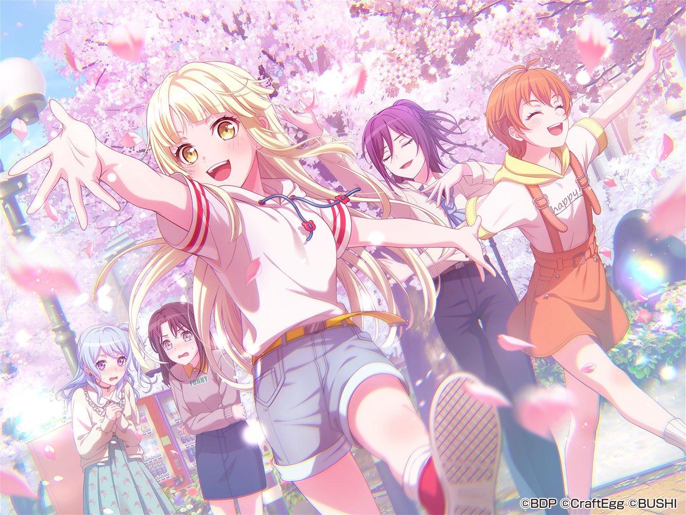 Safebooru - 5girls bang dream! blonde hair blue eyes blue hair brown hair cherry blossoms day ...