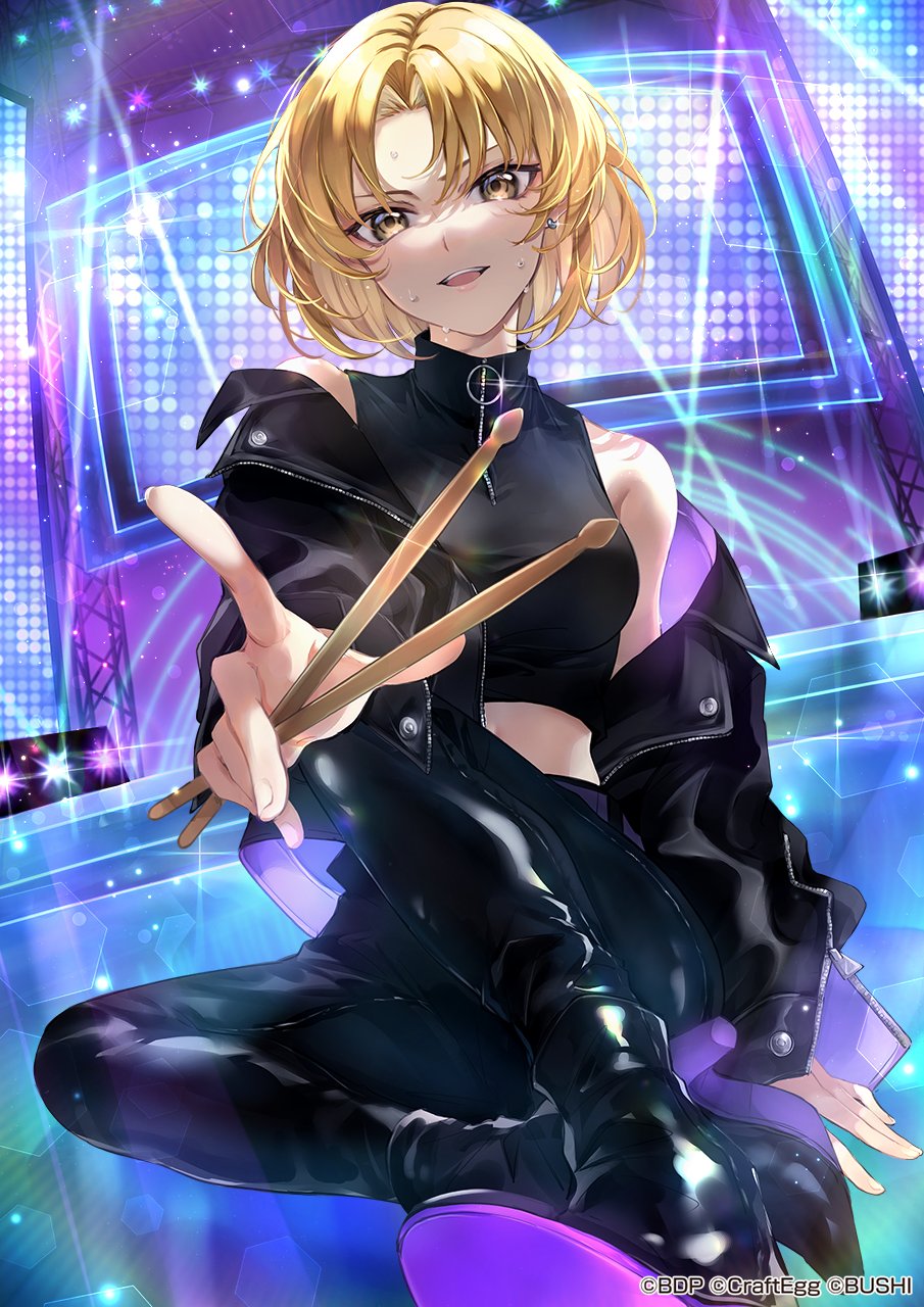 Safebooru - 1girl bang dream! black jacket blonde hair drumsticks earrings highres holding ...