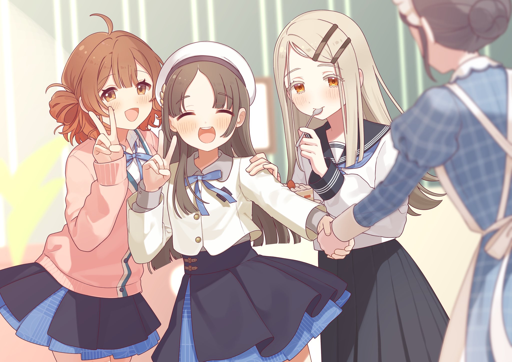 Safebooru - 4girls ahoge apron arm around shoulder belt buckle beret black overskirt black ...