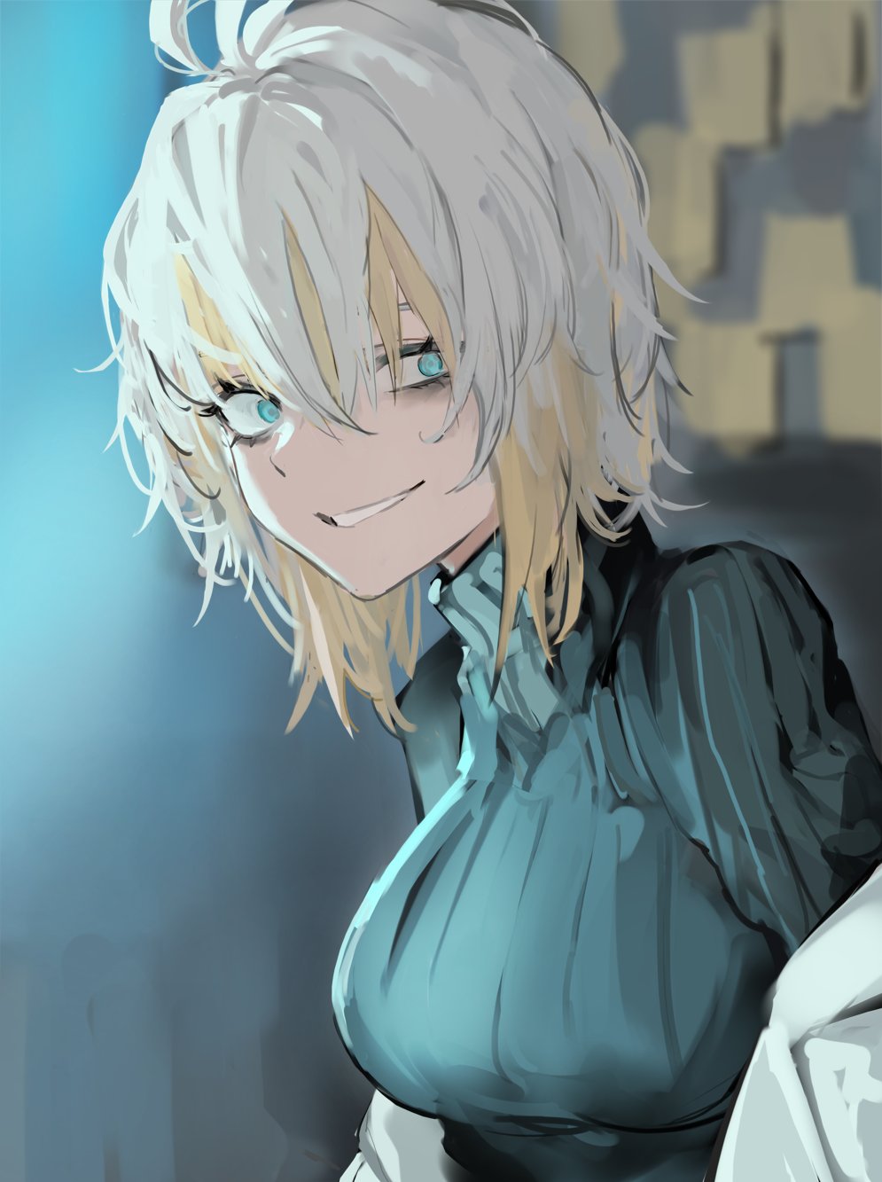 Safebooru - 1girl :d blonde hair blue eyes breasts coat crazy eyes evil grin evil smile faust ...