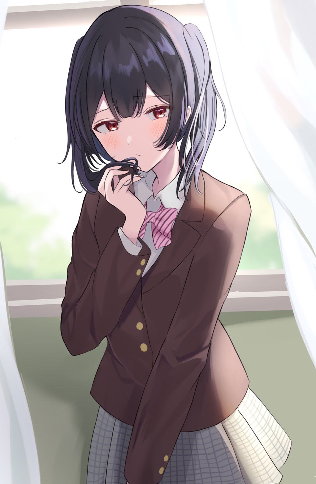 Safebooru - 1girl alternate hairstyle black hair blush bow brown jacket closed mouth curtains ...