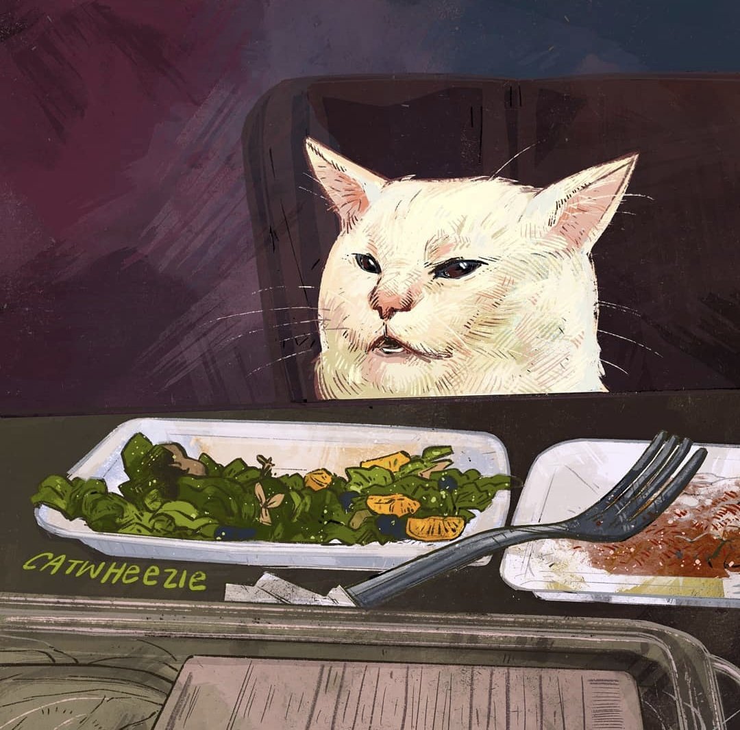 Safebooru - animal artist name cat catwheezie food fork meme no humans original salad watermark ...