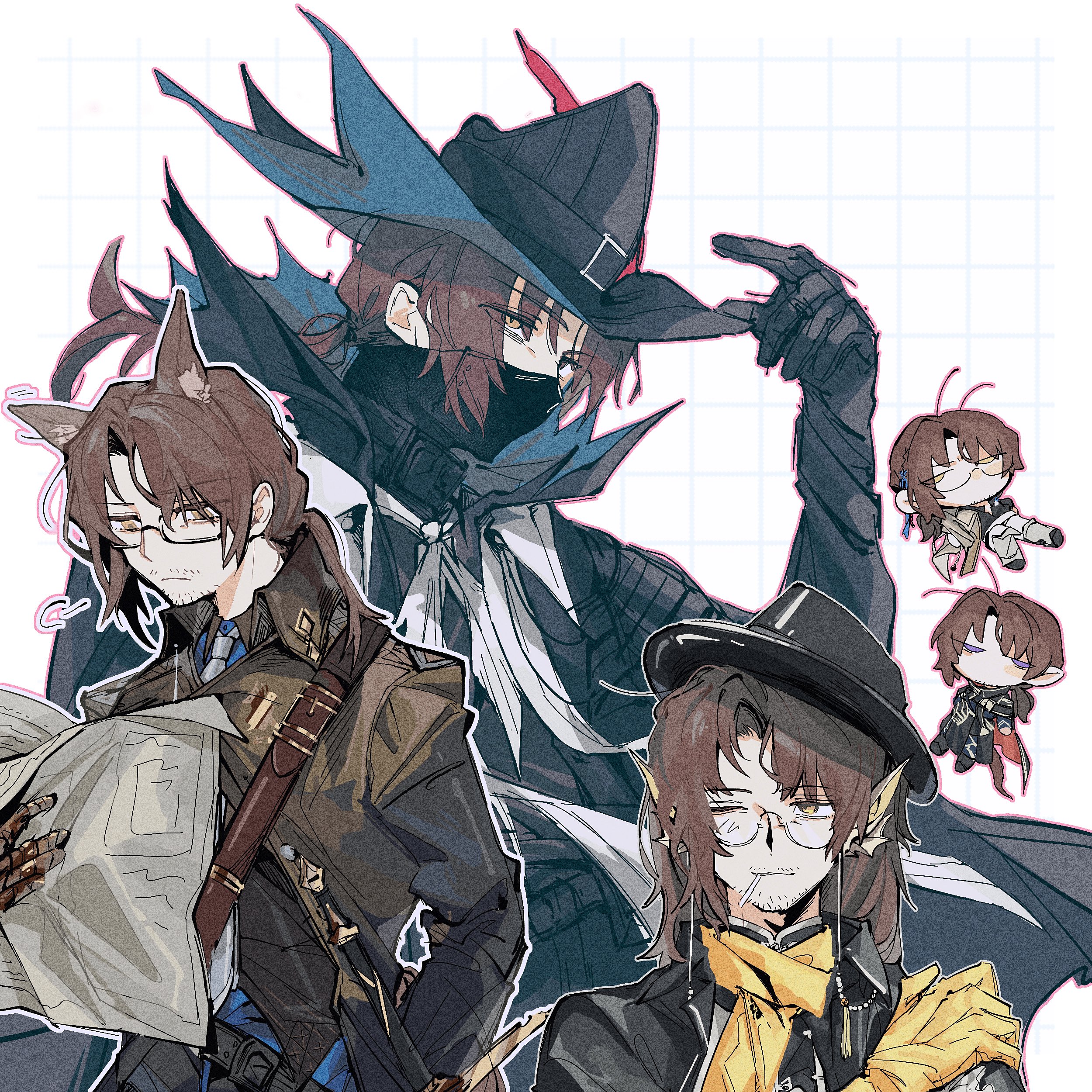 Safebooru - 5boys absurdres animal ears antenna hair arknights beard stubble belt black-framed ...