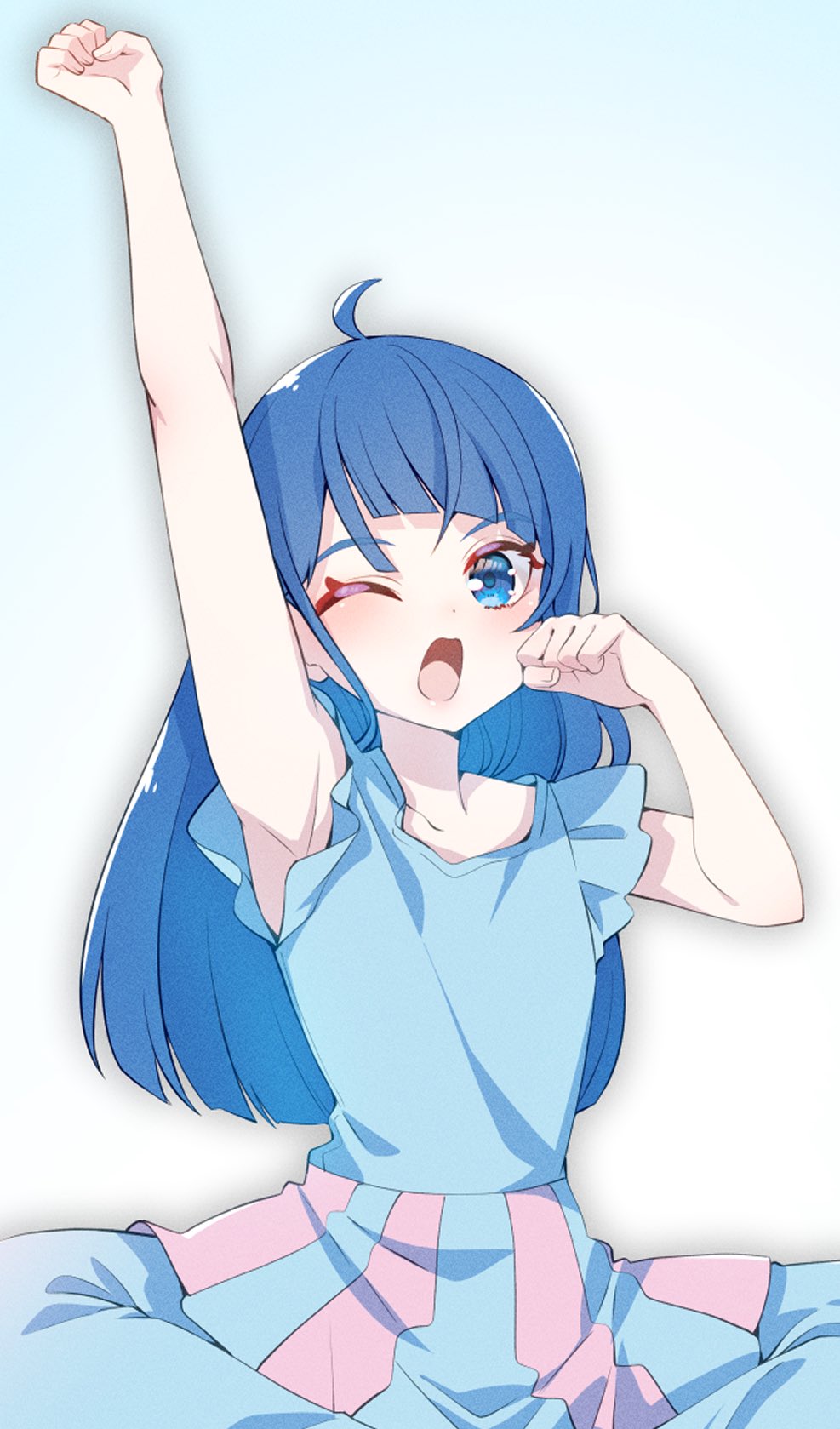 Safebooru - 1girl ahoge blue dress blue eyes blue hair dress hair down highres hirogaru sky ...