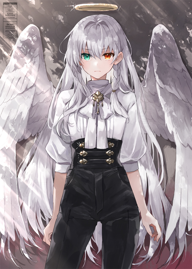Safebooru - 1girl angel angel wings aqua eyes artist name black pants bow braid brown eyes ...