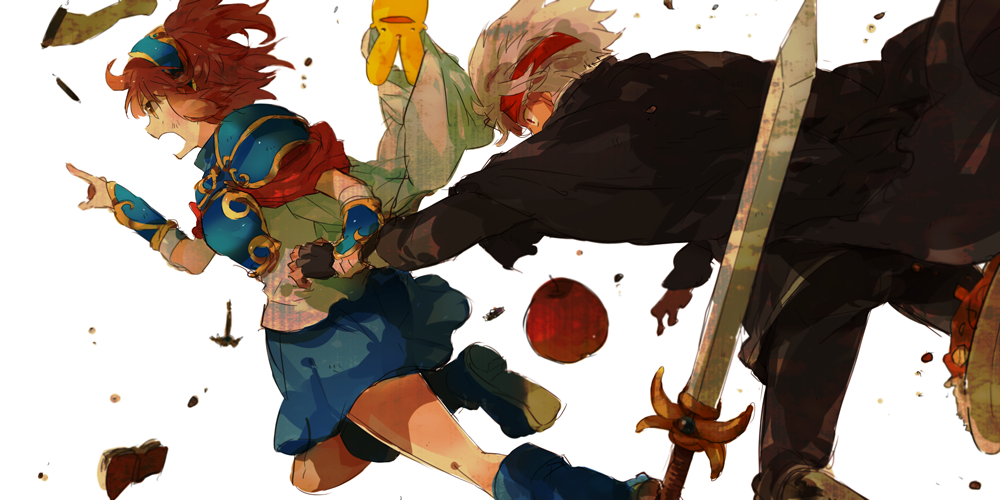 Safebooru - 1boy 1girl 39acid apple arle nadja armor bandana black gloves book breastplate brown ...