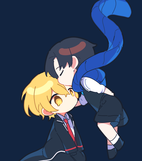 Safebooru - 2boys black coat black gloves black hair black shorts black vest blonde hair blue ...