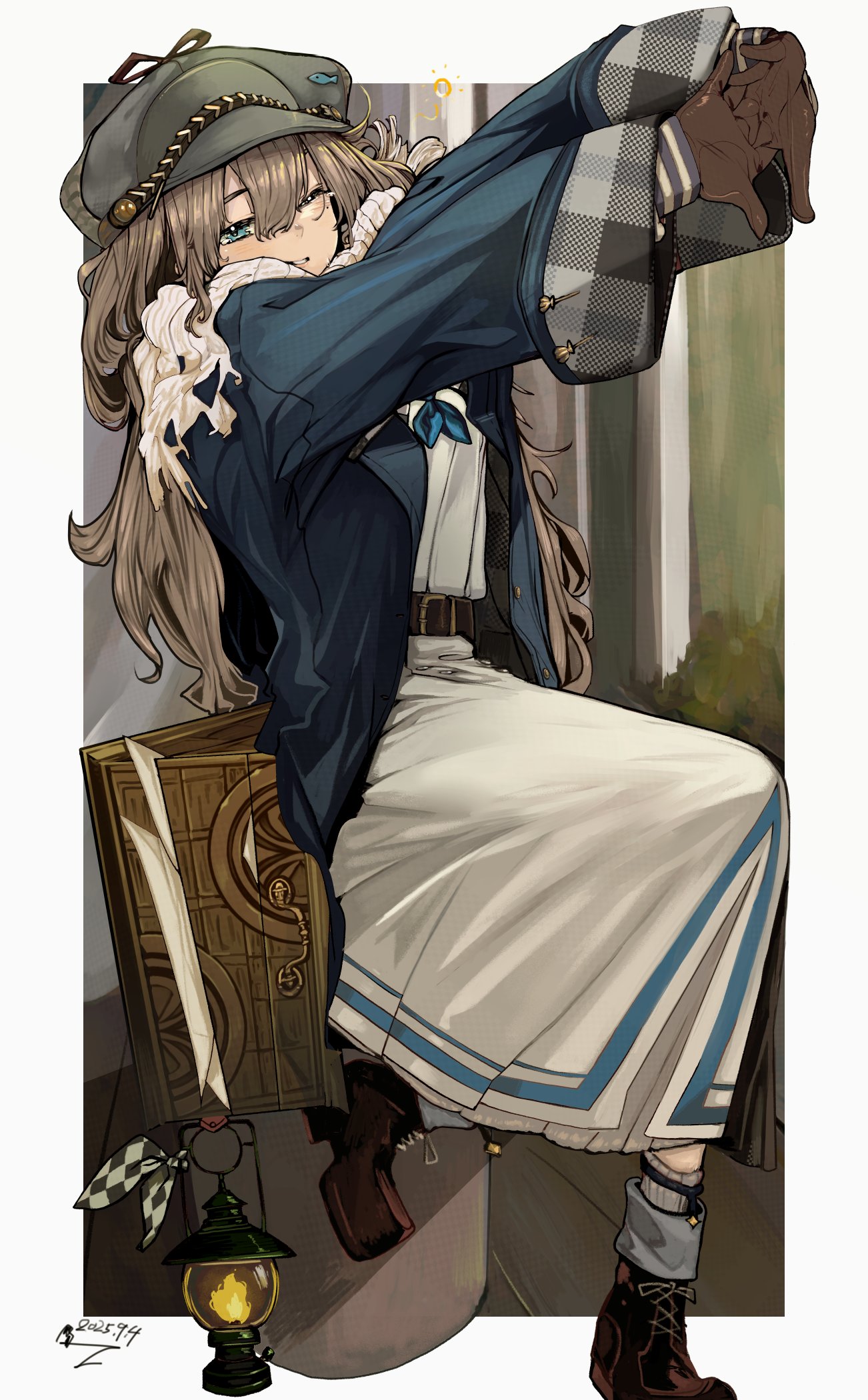 Safebooru - 1girl belt blue coat blue eyes blue neckerchief boots border brown belt brown boots ...