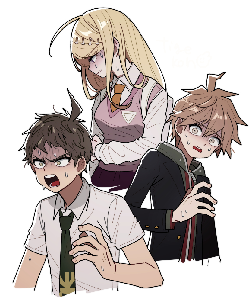 Safebooru - 1girl 2boys :o ahoge akamatsu kaede backpack bag black jacket black skirt blonde ...
