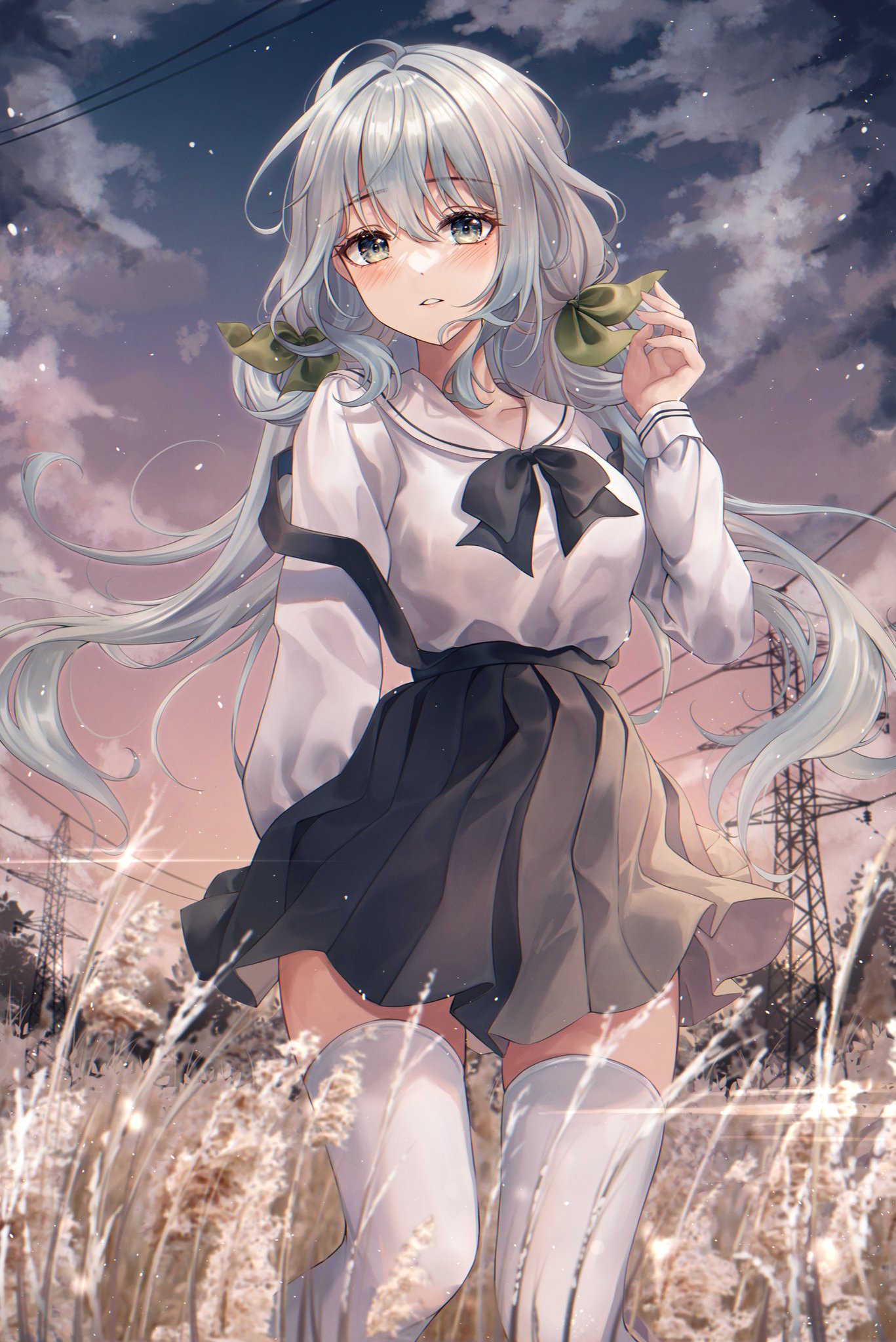 Safebooru - 1girl arm behind back black bow black skirt blue hair bow breasts clouds cloudy sky ...