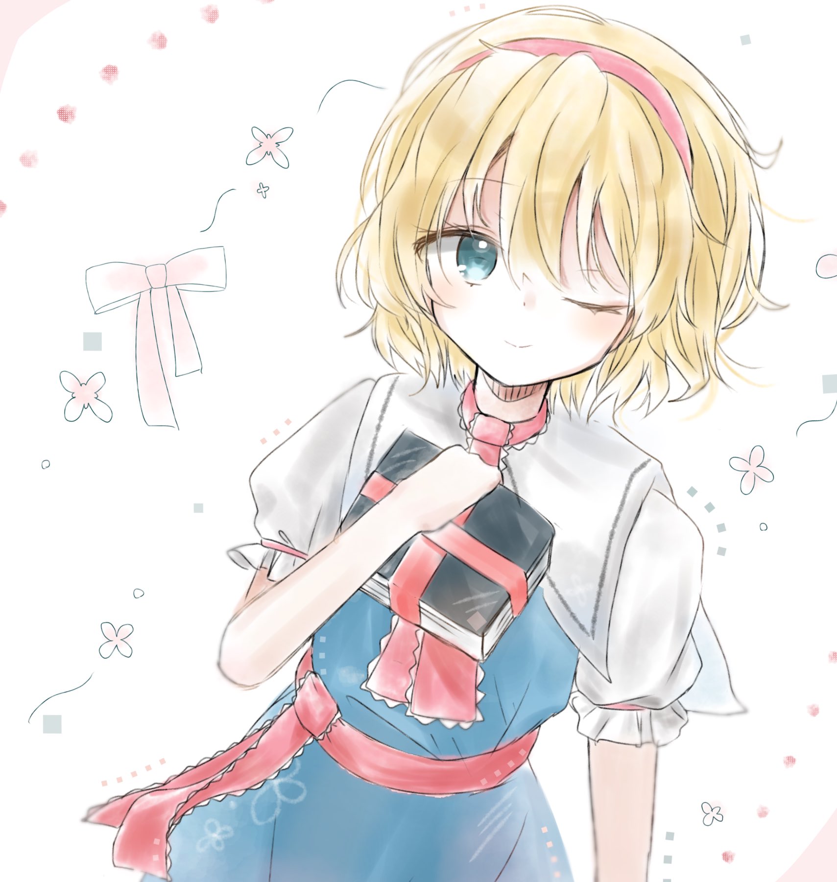 Safebooru - 1girl alice margatroid blonde hair blue dress blue eyes book dress headband highres ...
