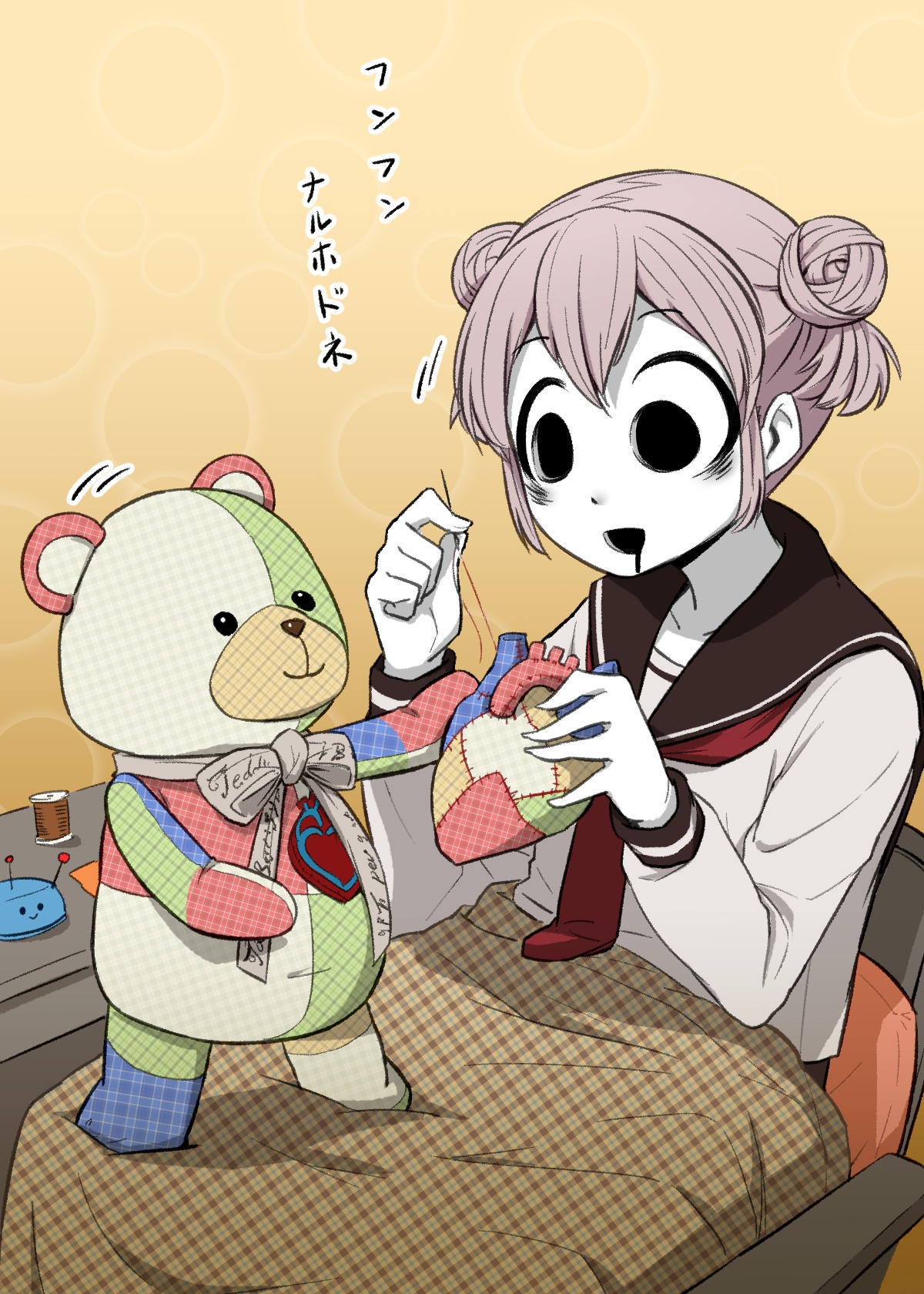 Safebooru - 1girl 1other 4shi :3 :d bags under eyes black eyes blank eyes blanket bow bubble ...