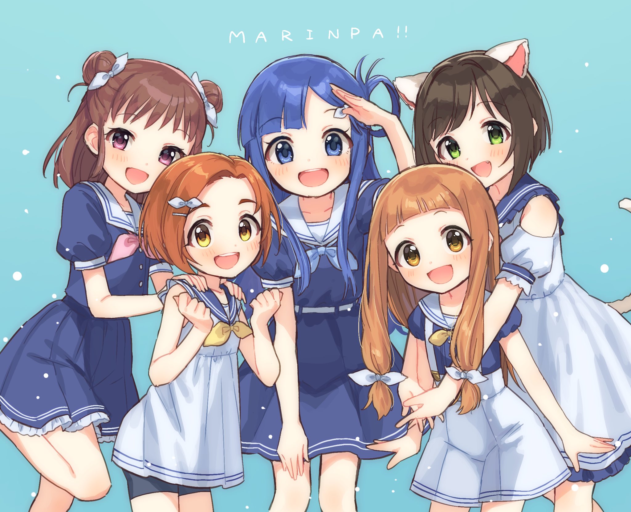 Safebooru - 5girls animal ears asari nanami bare shoulders bike shorts blue background blue eyes ...