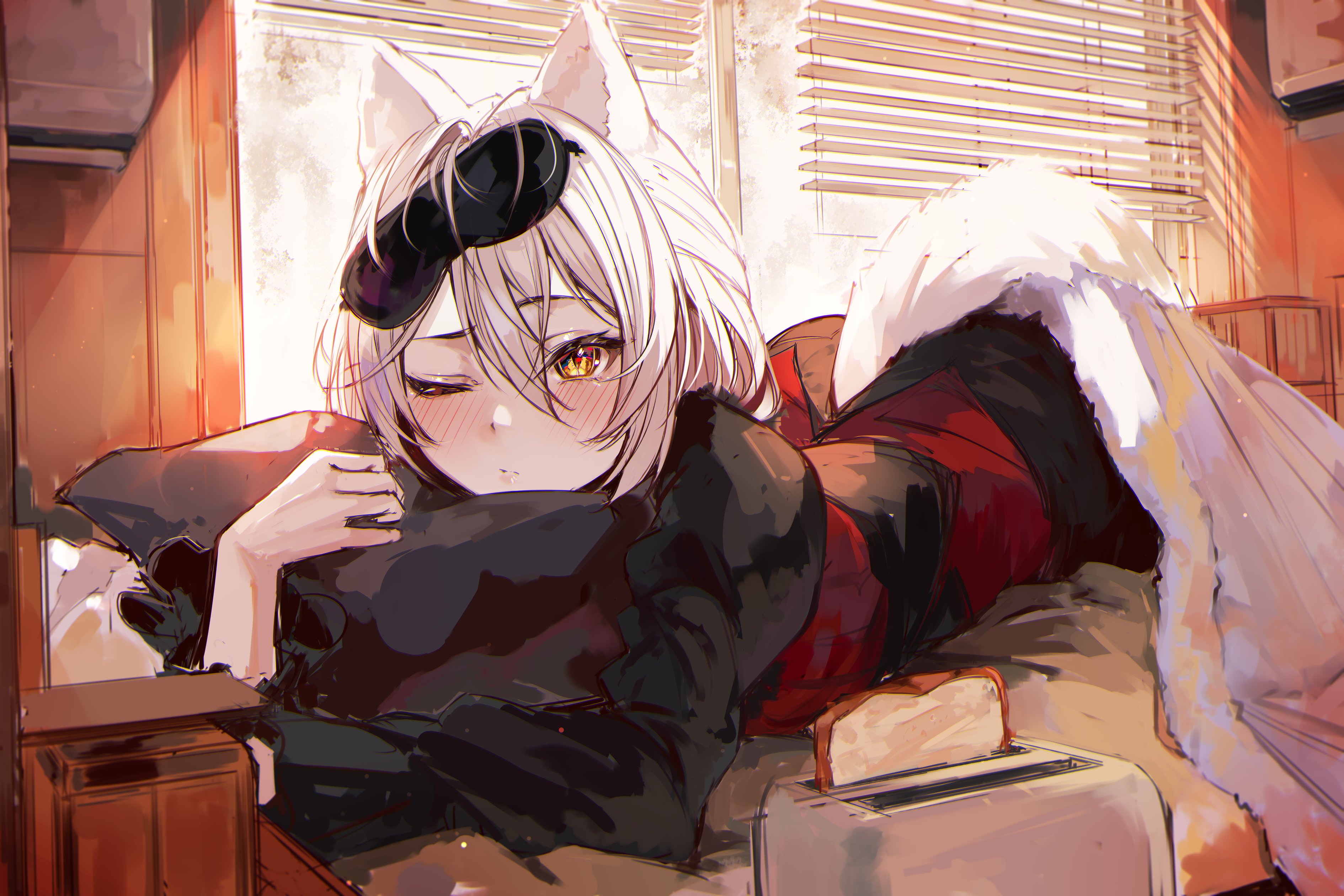 Safebooru - 1girl absurdres aliway (vtuber) animal ears blanket blinds ...