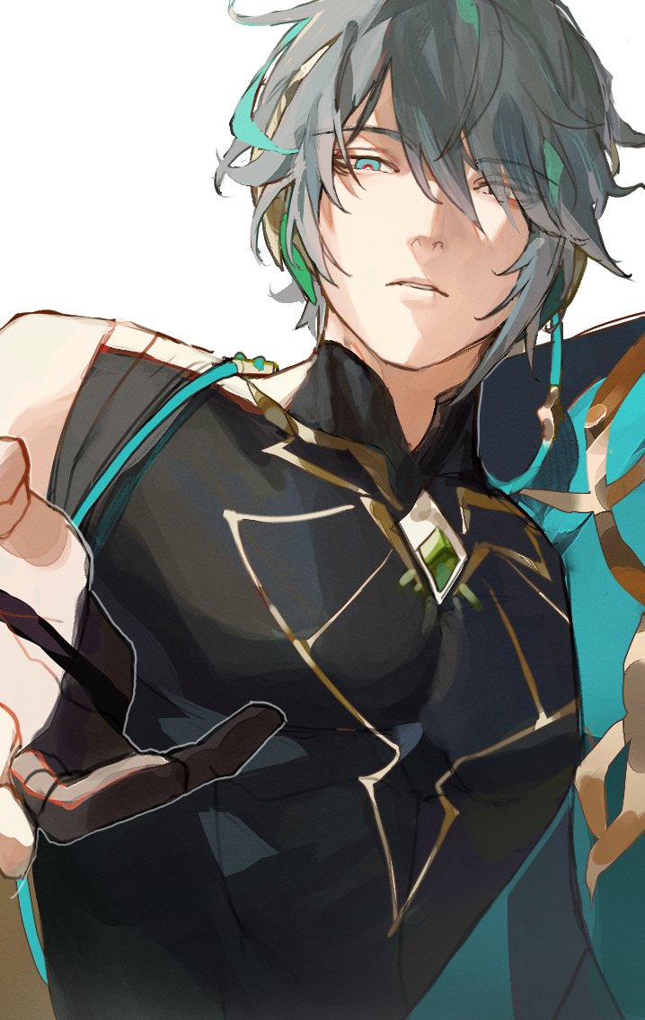 Safebooru - 1boy alhaitham (genshin impact) aqua eyes aqua hair black gloves black shirt genshin ...