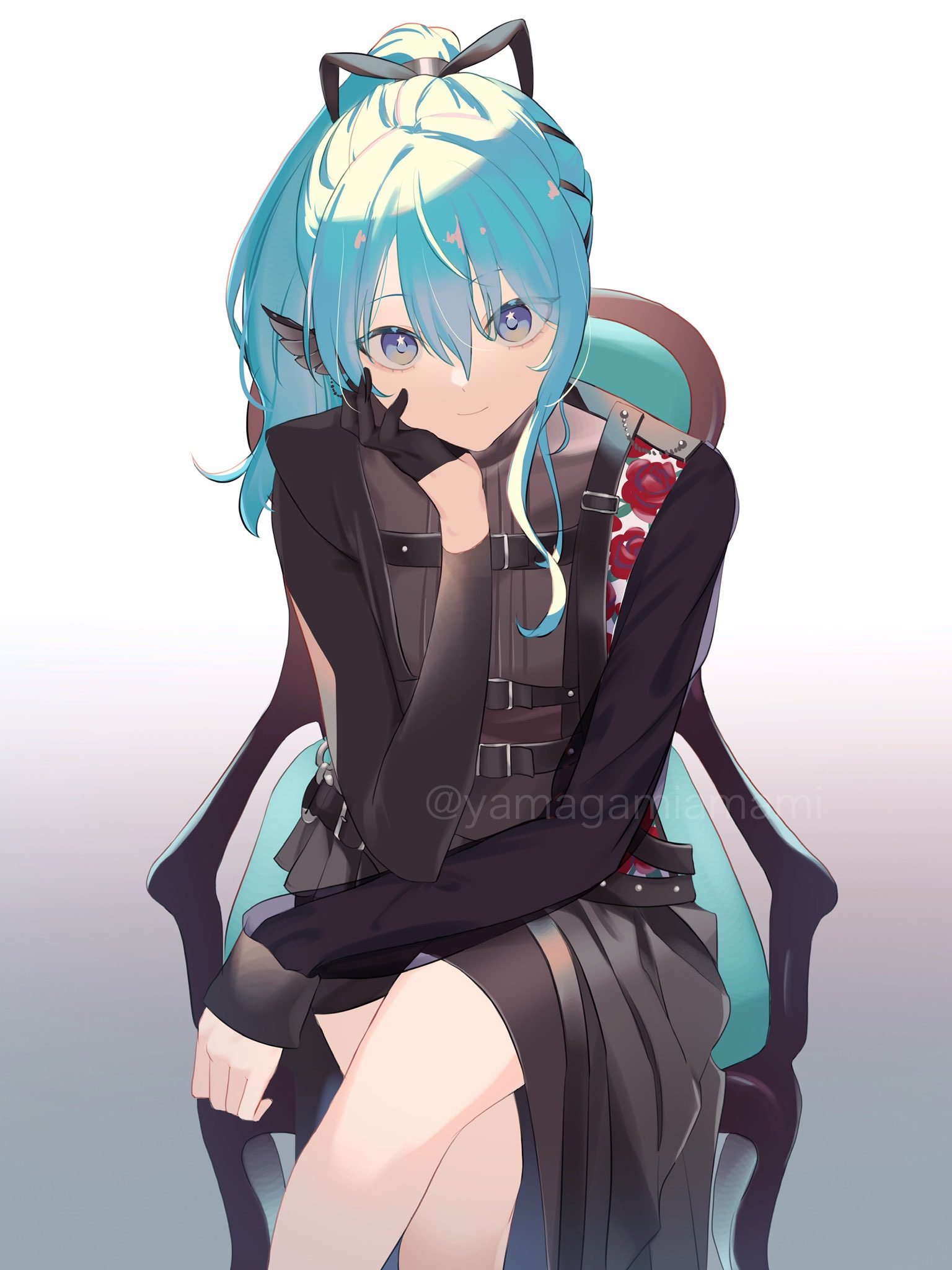 Safebooru - 1girl aqua hair asymmetrical clothes belt black belt black dress black gloves black ...