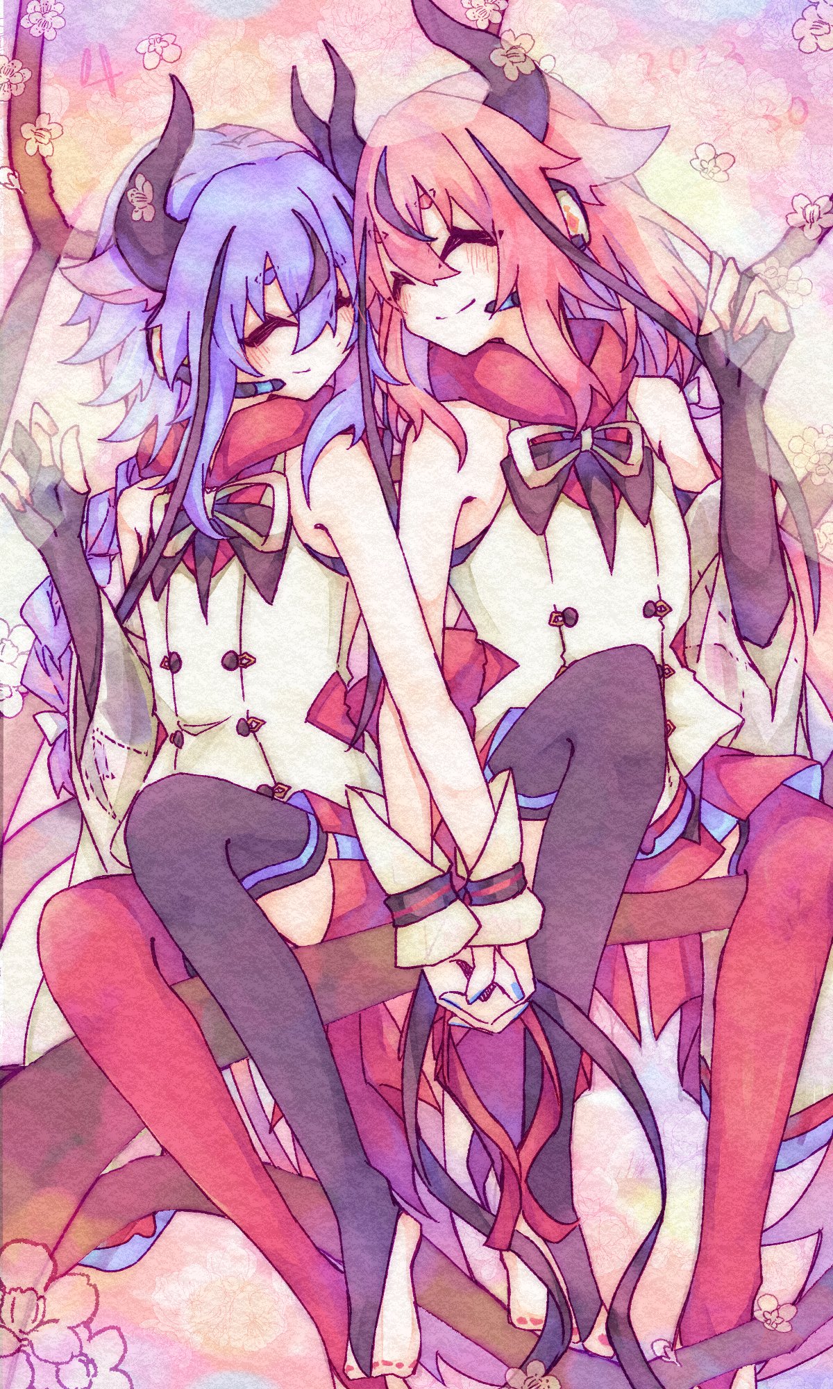 Safebooru - 2girls asymmetrical gloves asymmetrical legwear asymmetrical sleeves bare shoulders ...