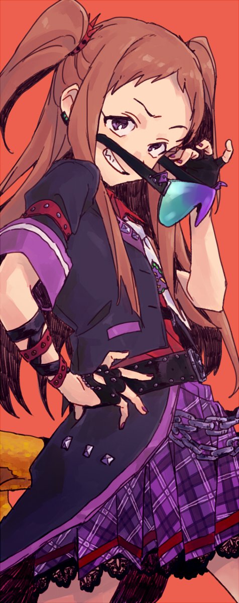 Safebooru - 1girl belt black belt bow brown hair chain earrings grey jacket grin hair bow hand ...