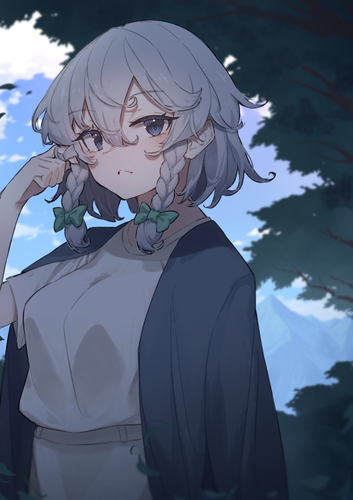 Safebooru - 1girl alternate costume blue eyes blue jacket bow braid closed mouth day dress ...