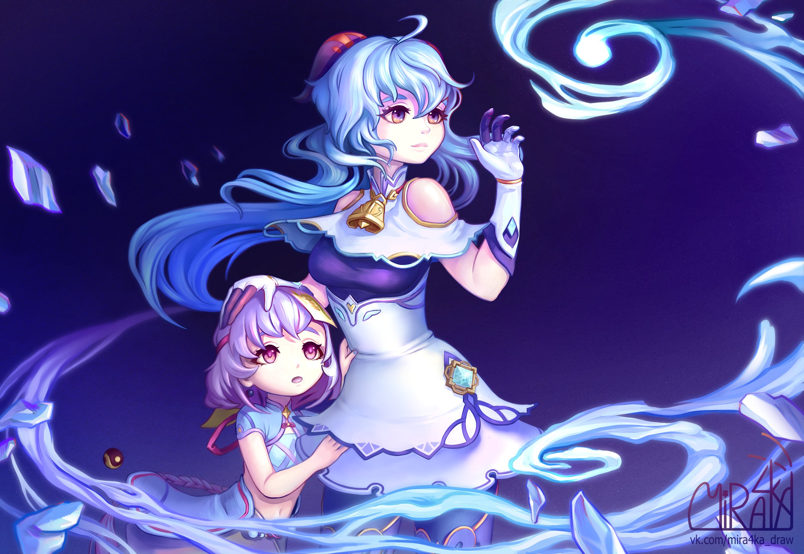 Safebooru - 2girls artist name blue hair breasts dress ganyu (genshin impact) genshin impact ...