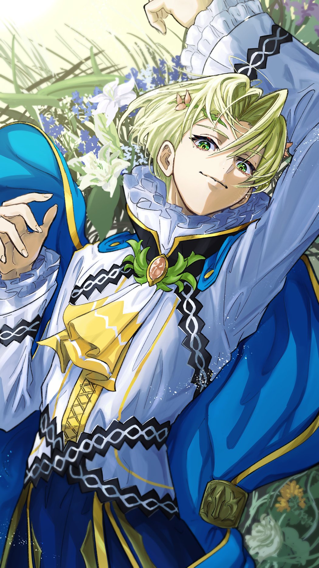 Safebooru - 1boy alfred (fire emblem) arm up blonde hair cape closed mouth fire emblem fire ...