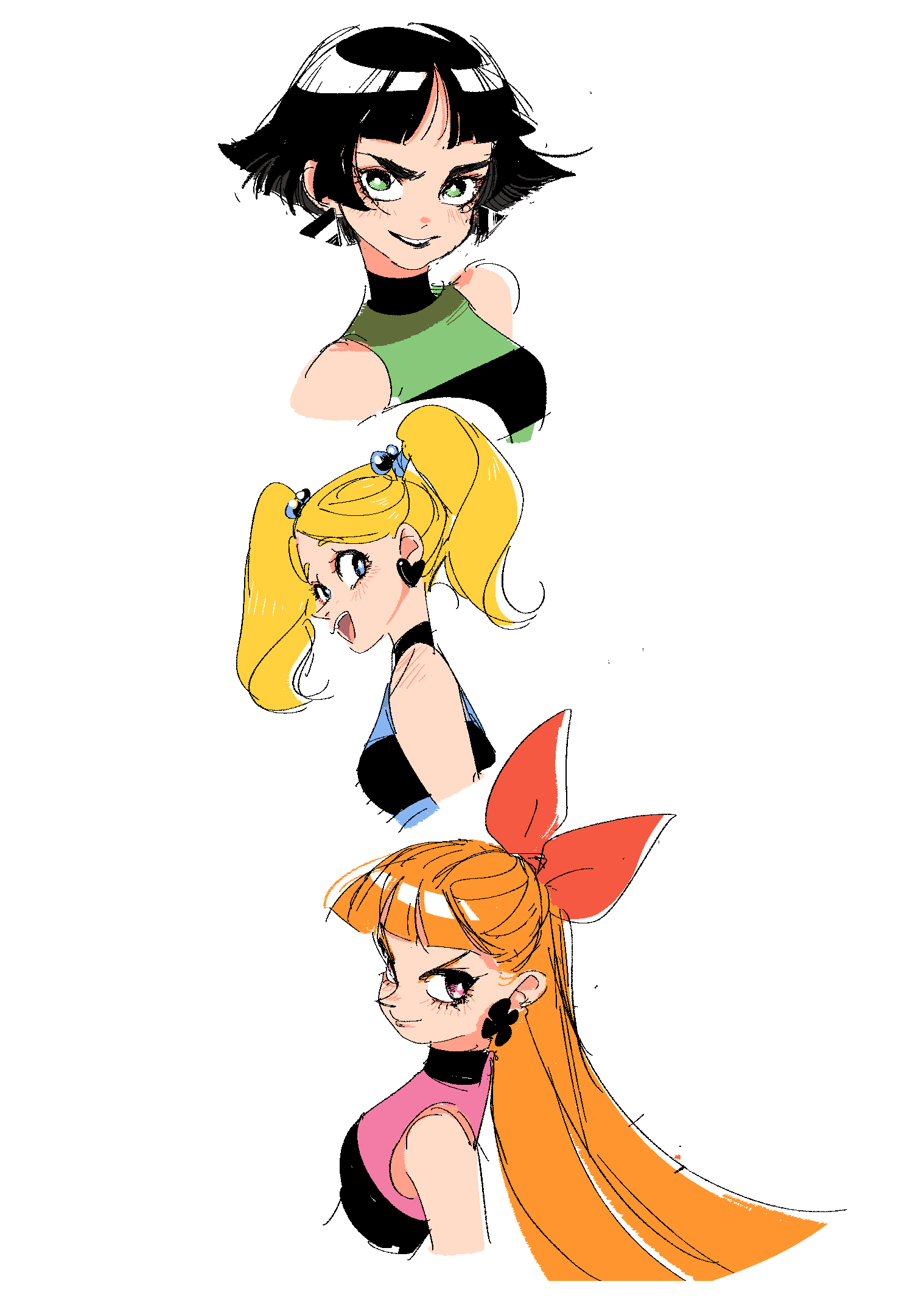 Safebooru - 3girls black hair blonde hair blossom (ppg) blue eyes blunt bangs blush bow bubbles ...